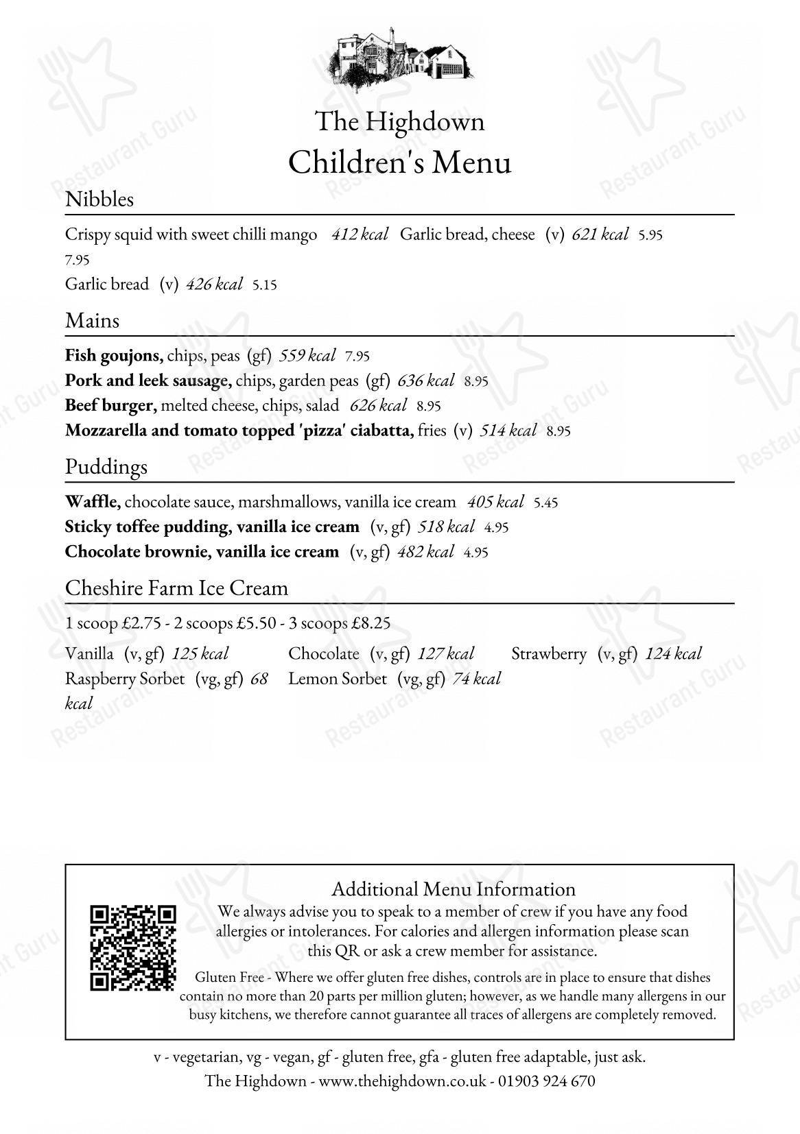 Menu at The Highdown pub & bar, Worthing