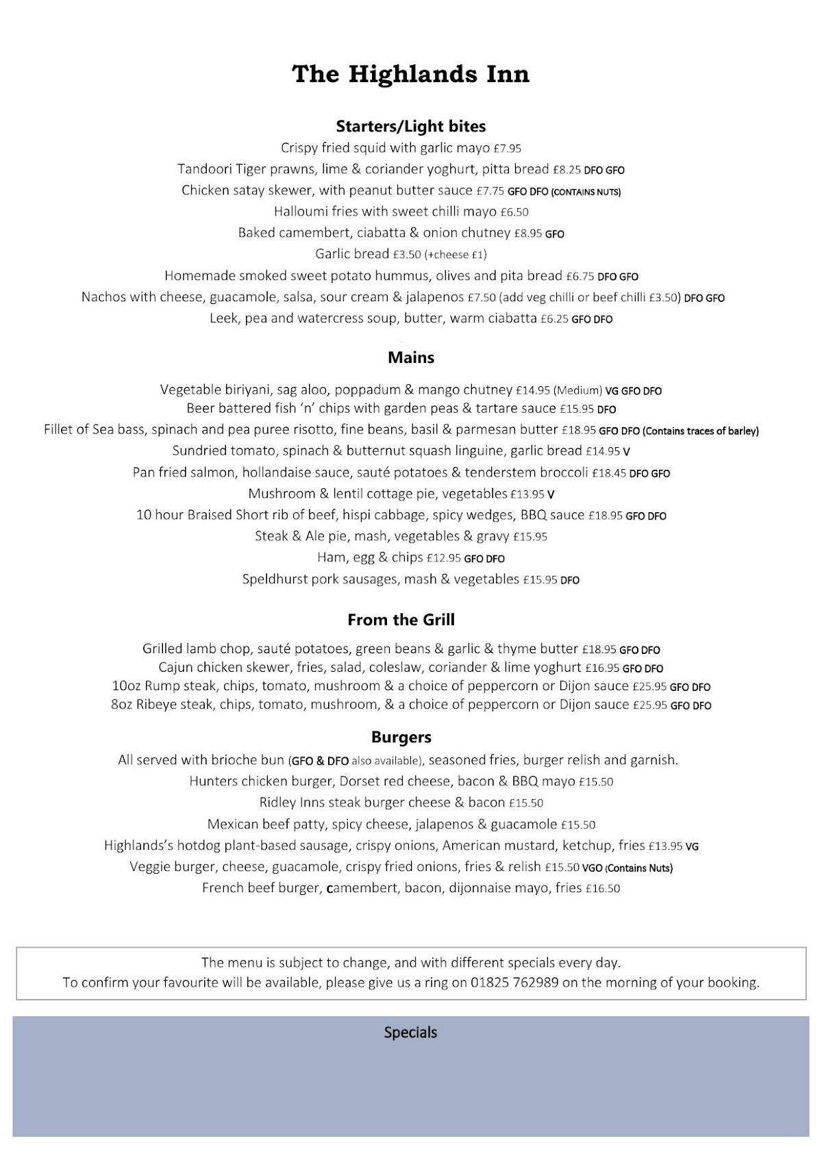 Menu at The Highlands Inn pub & bar, Uckfield, Eastbourne Rd