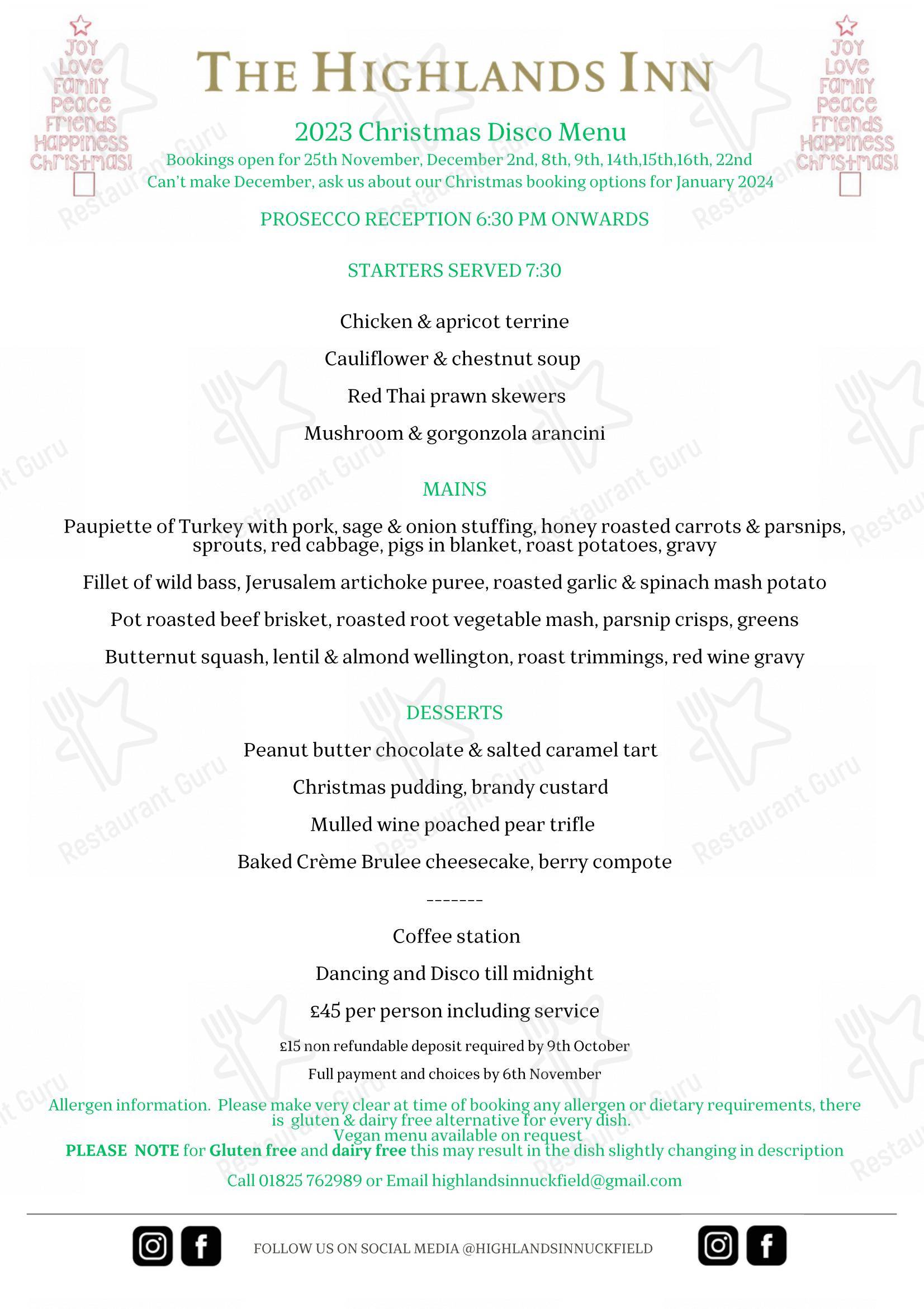 Menu at The Highlands Inn pub & bar, Uckfield, Eastbourne Rd