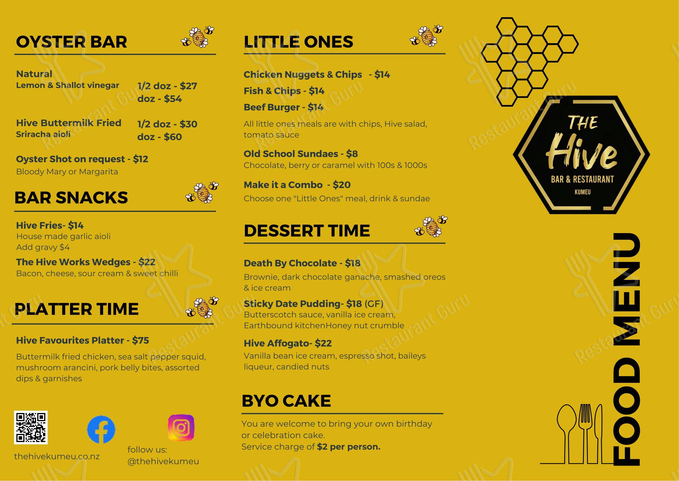 Carta de The Hive Bar & Restaurant, Kumeu