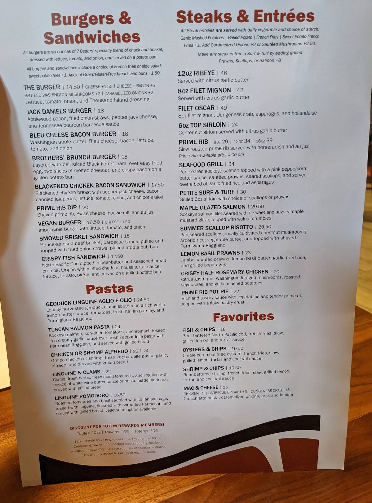 Menu at The House of Seven Brothers restaurant, Sequim