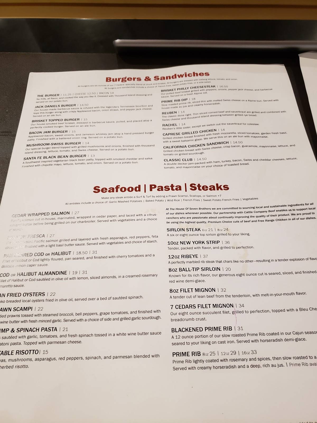 Menu at The House of Seven Brothers restaurant, Sequim