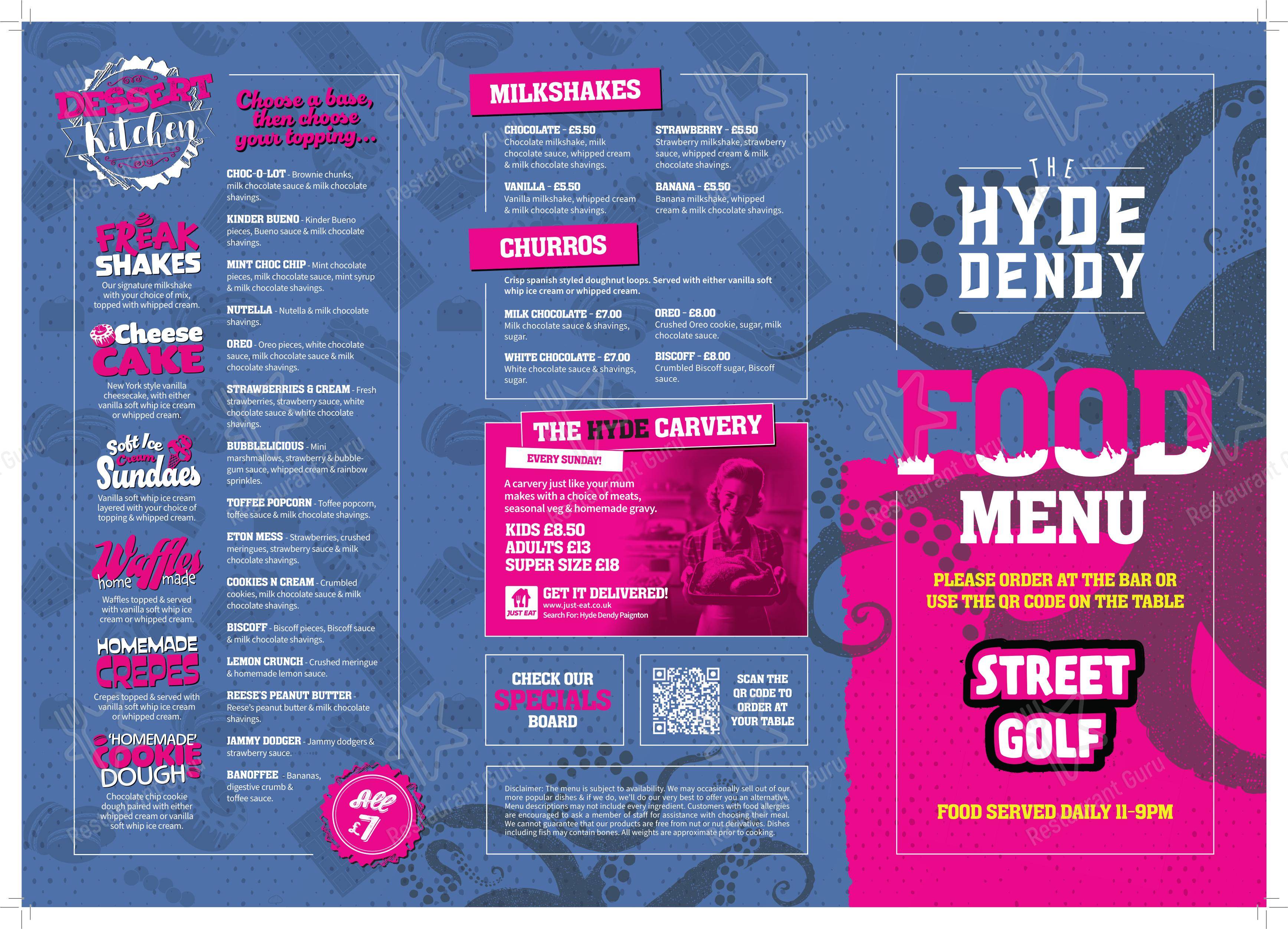 Menu at The Hyde Dendy pub & bar, Paignton