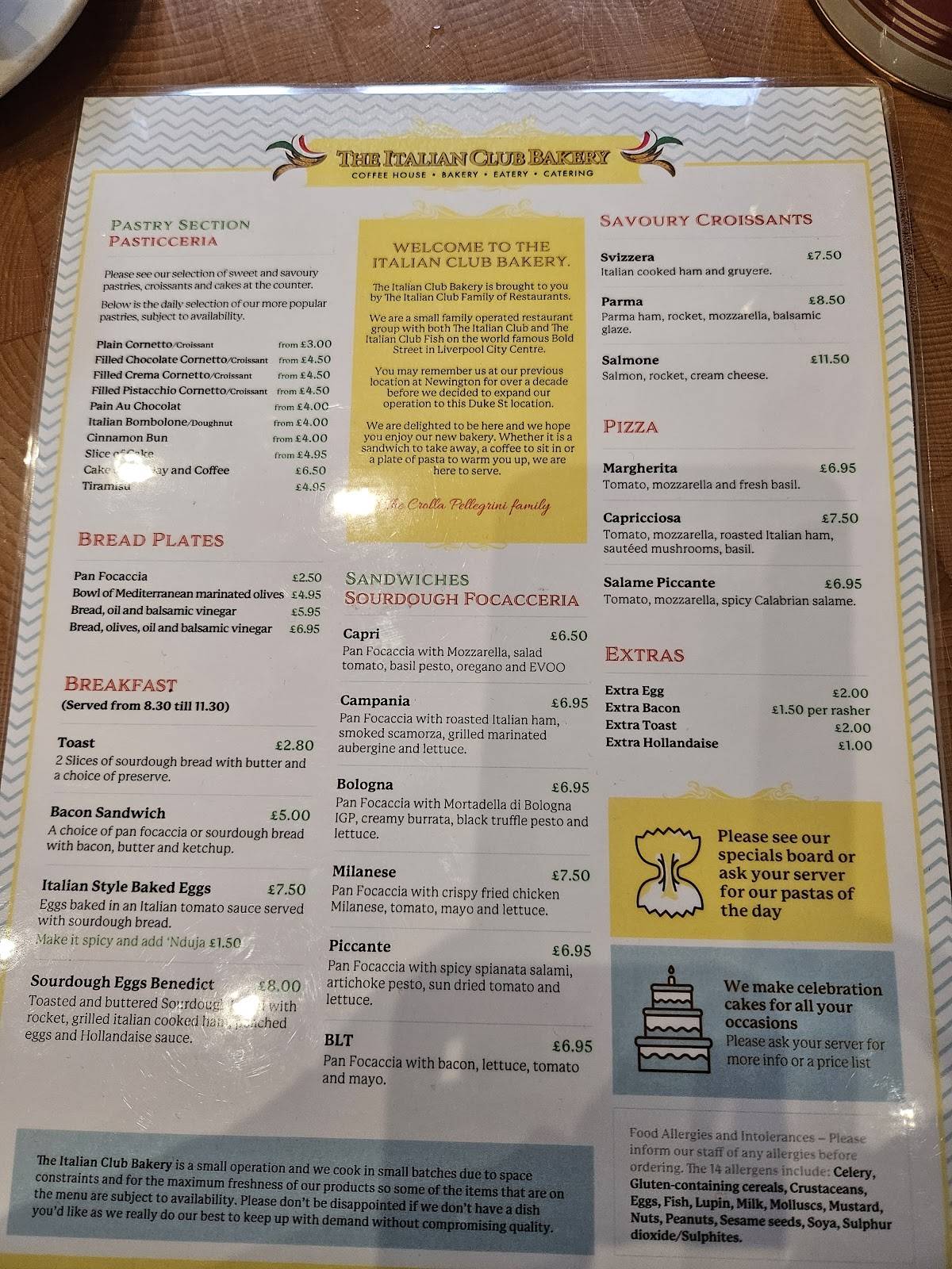 Menu at The Italian Club Bakery, Liverpool, 43 Duke St