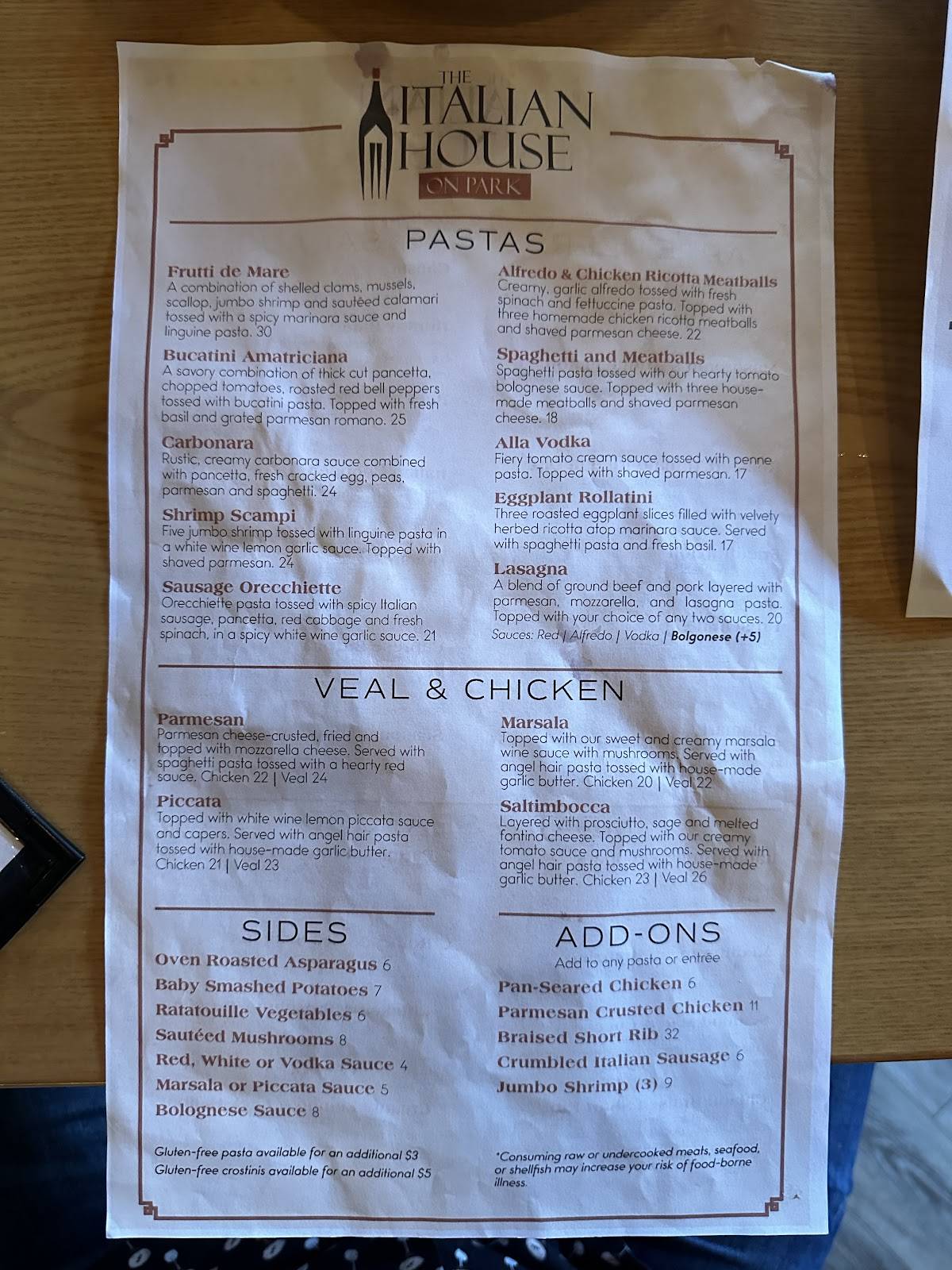 Menu at The Italian House pub & bar, Westfield