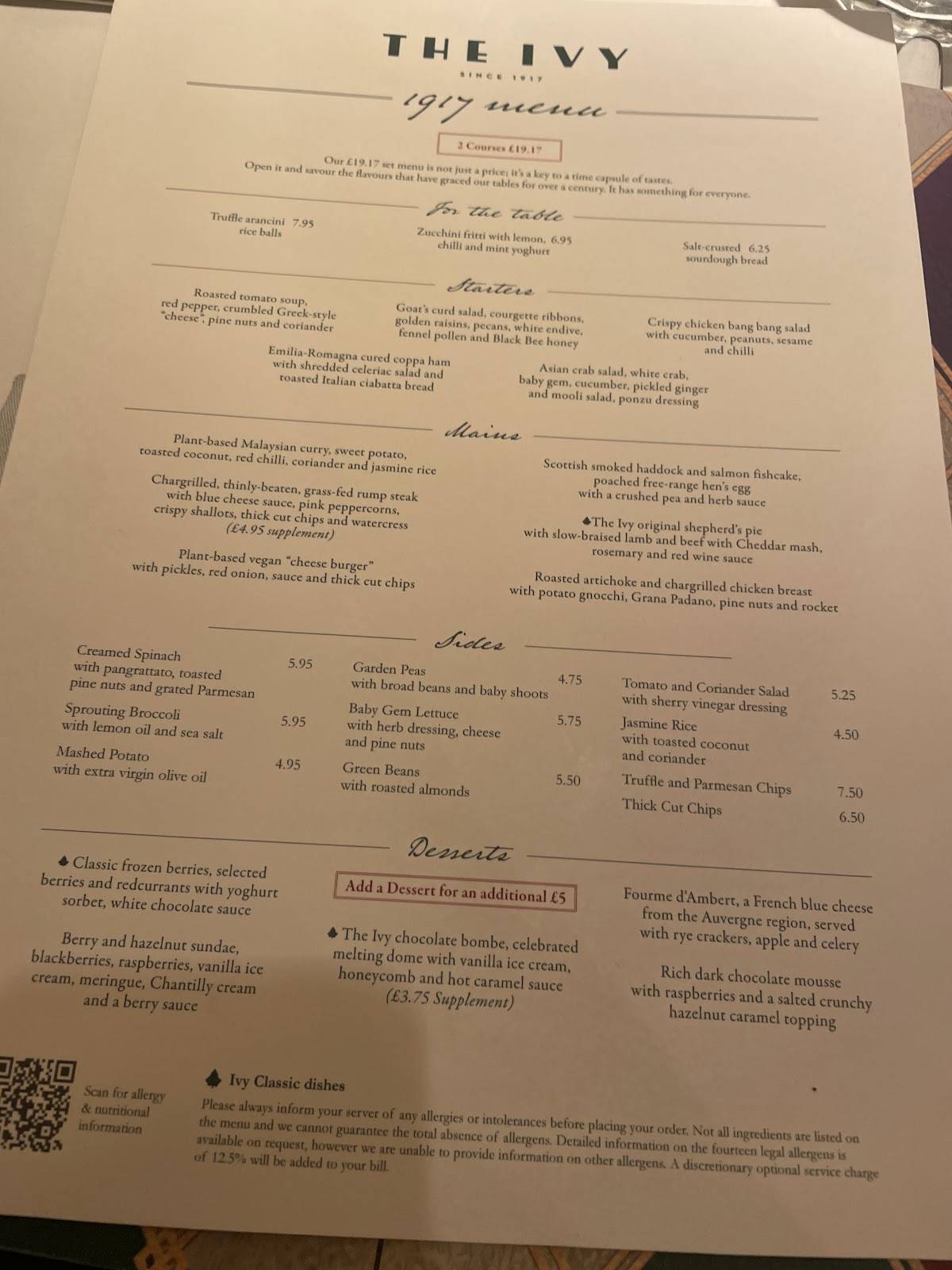Menu at The Ivy Cafe, London