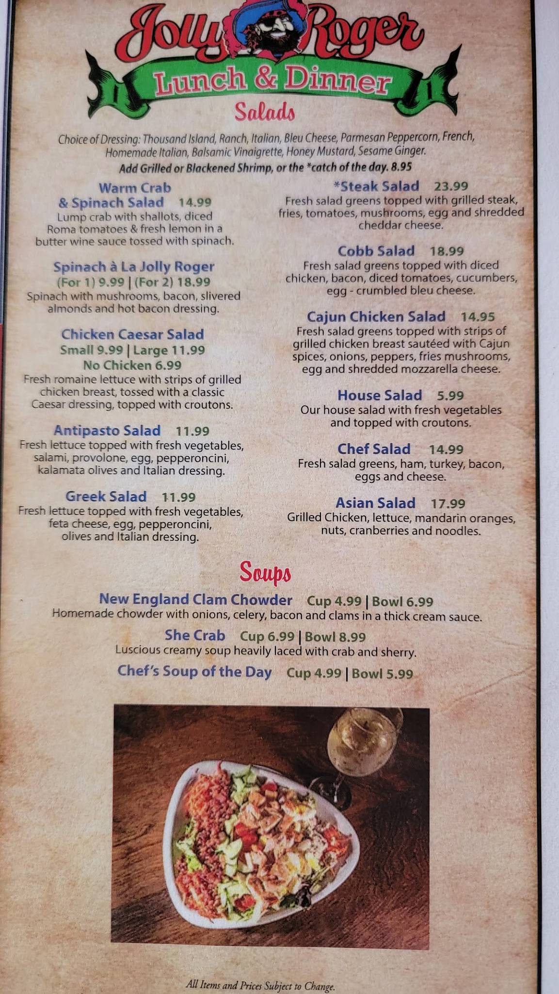 Menu at The Jolly Roger Restaurant, Kill Devil Hills