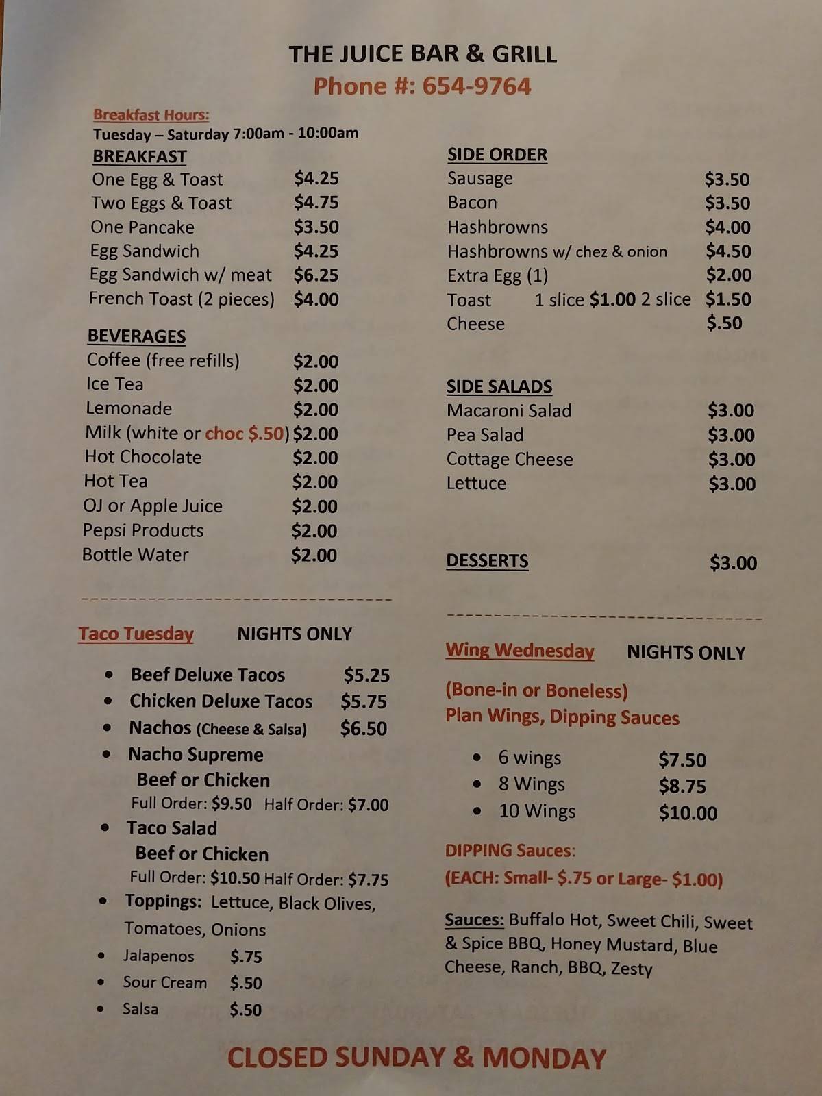 Menu at The Juice Bar & Grill, Manilla
