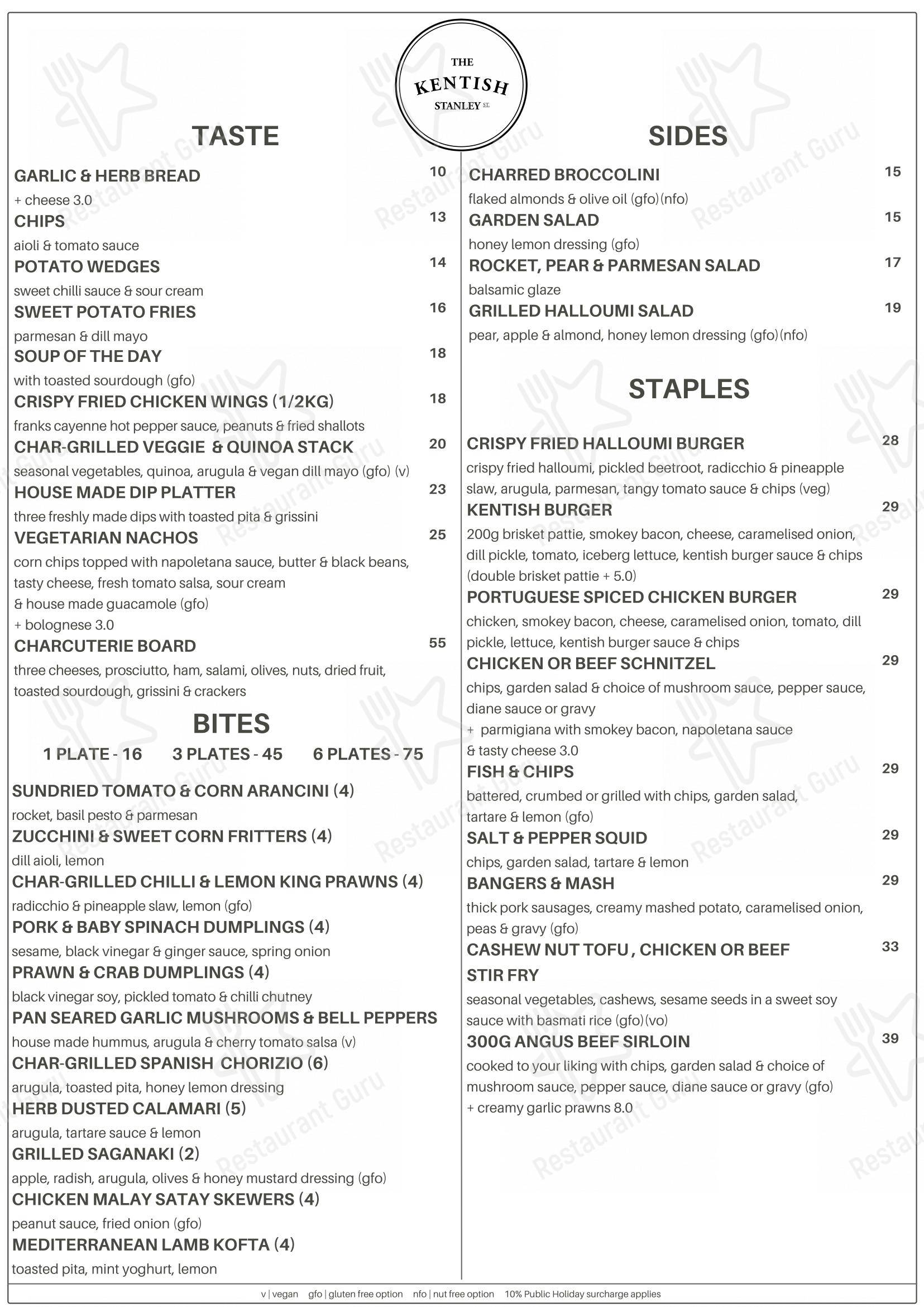 Menu at The Kentish Hotel pub & bar, North Adelaide