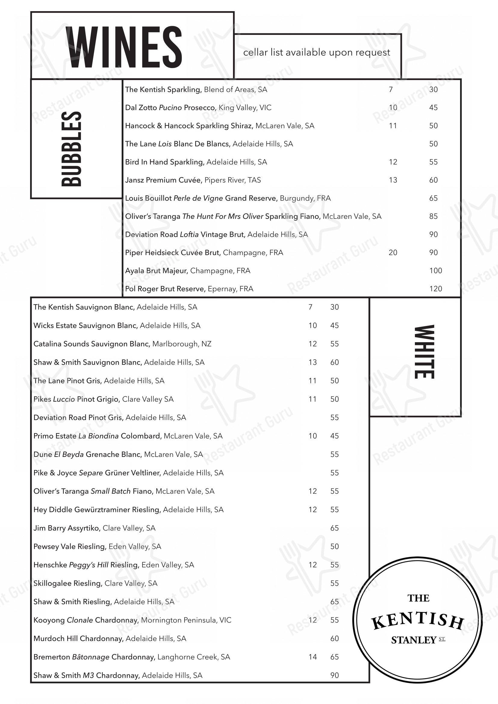 Menu at The Kentish Hotel pub & bar, North Adelaide