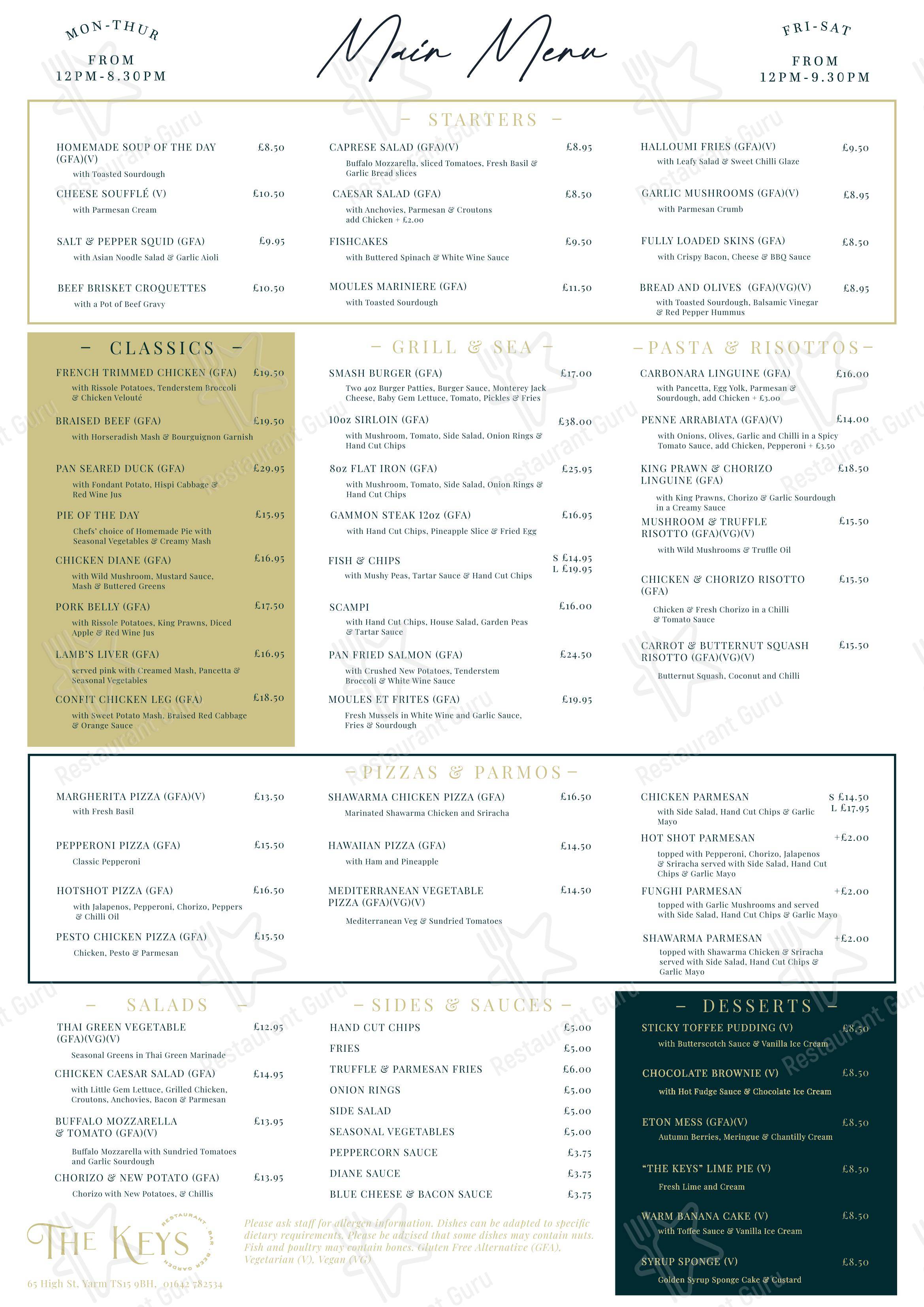 Menu at The Keys Yarm - Restaurant & Venue Hire, Yarm