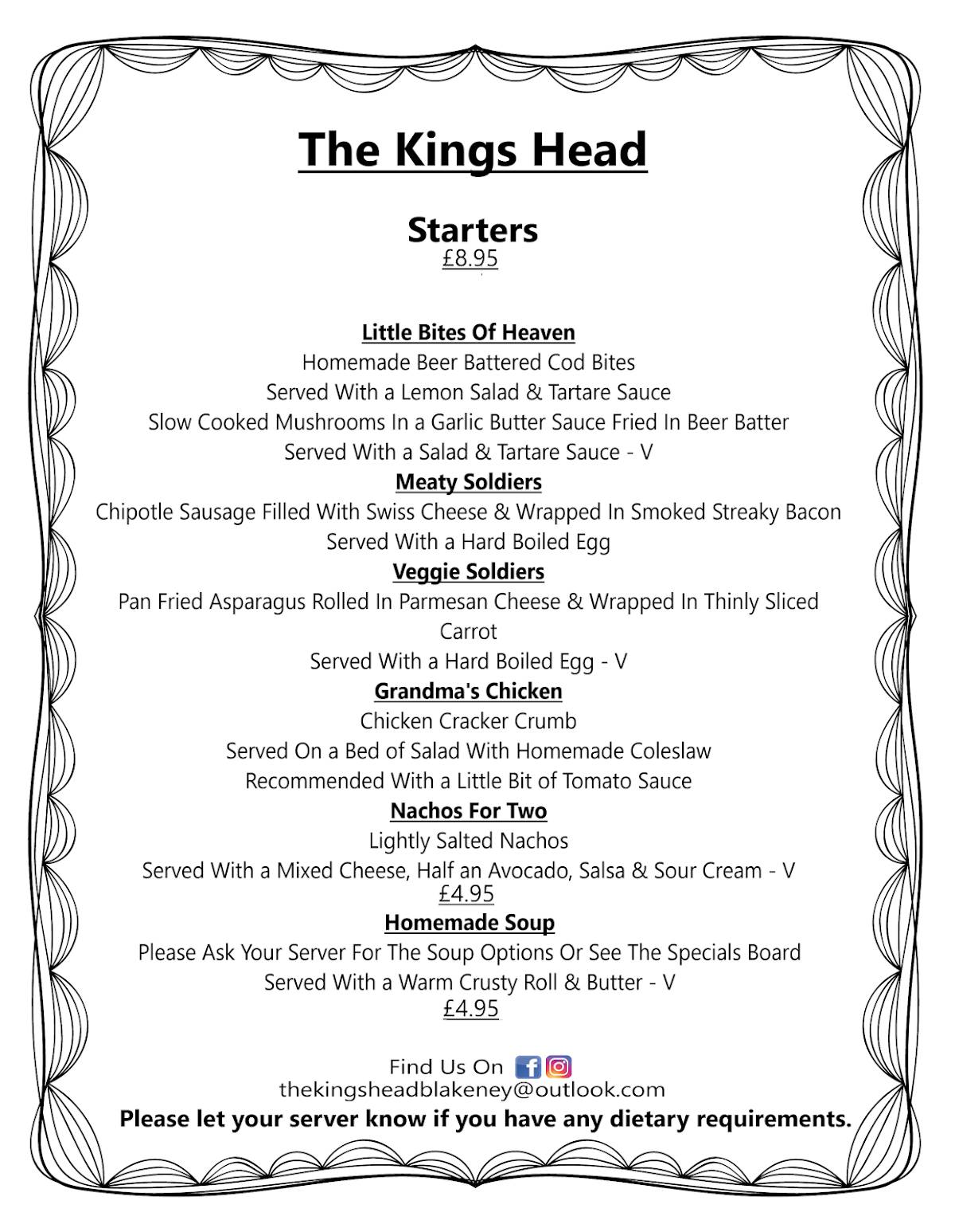 Menu at The Kings Head restaurant, Blakeney