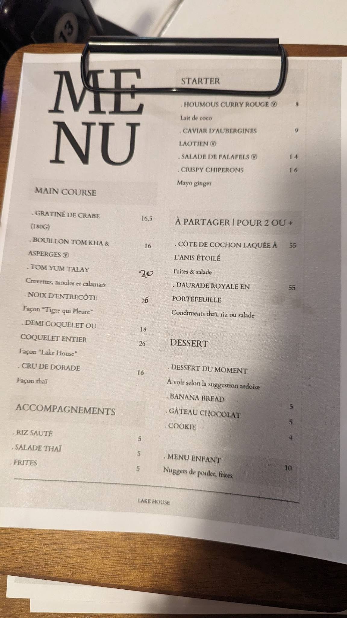 Menu at The Lake House restaurant, Hossegor