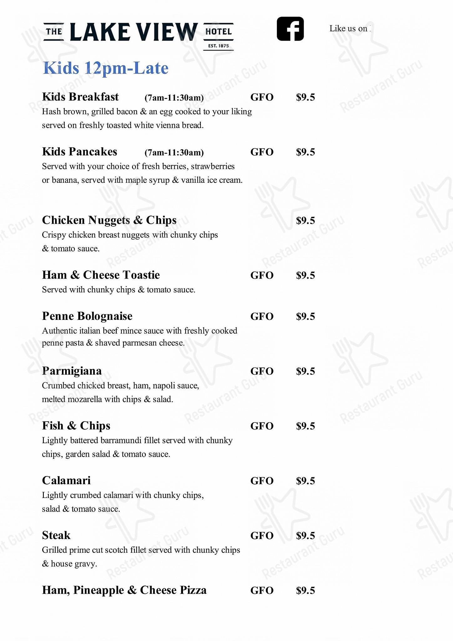 Menu at The Lake View Hotel pub & bar, Lake Wendouree