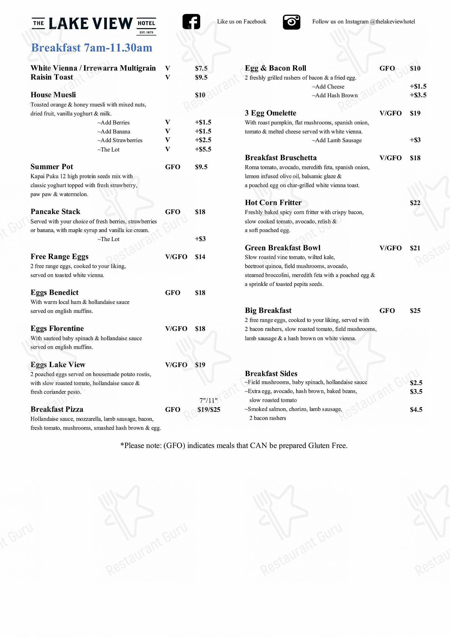 Menu at The Lake View Hotel pub & bar, Lake Wendouree