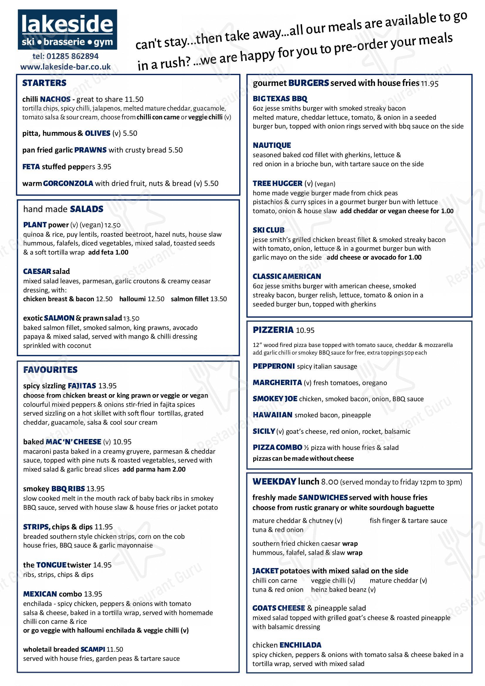 Menu at The Lakeside Brasserie restaurant, South Cerney