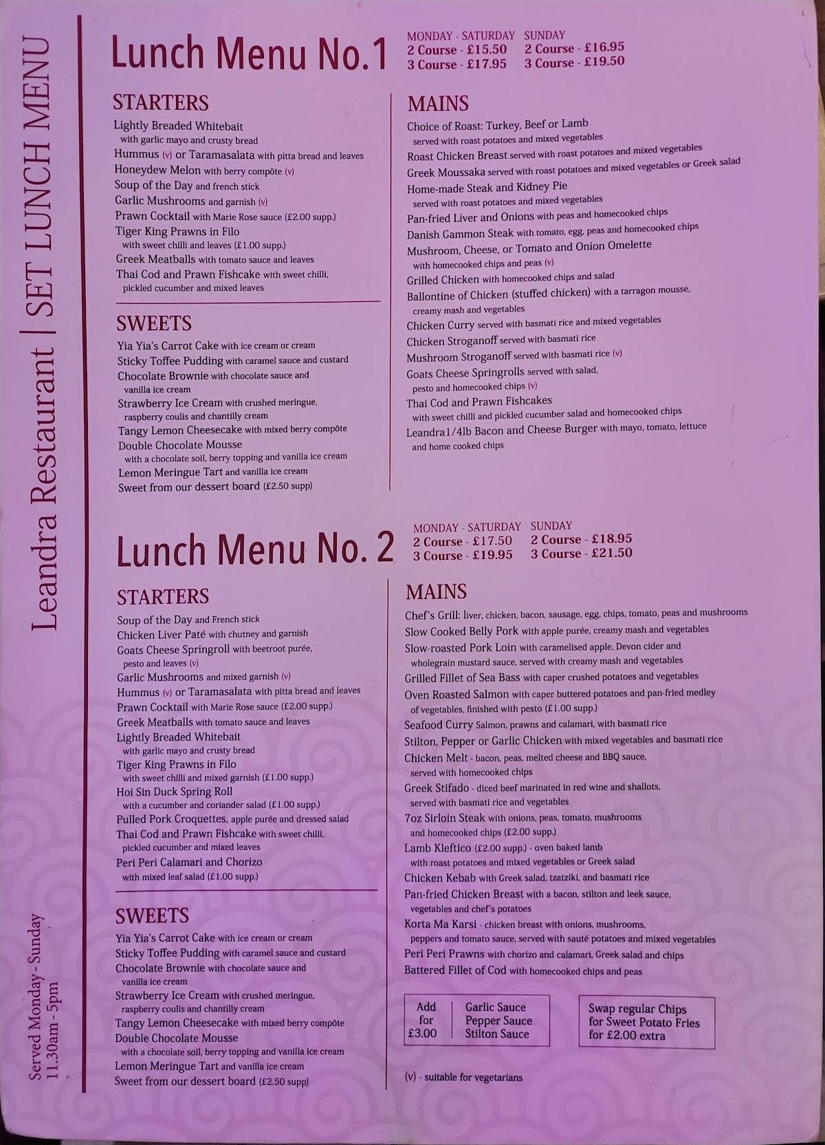 Menu at The Leandra restaurant, Plymouth