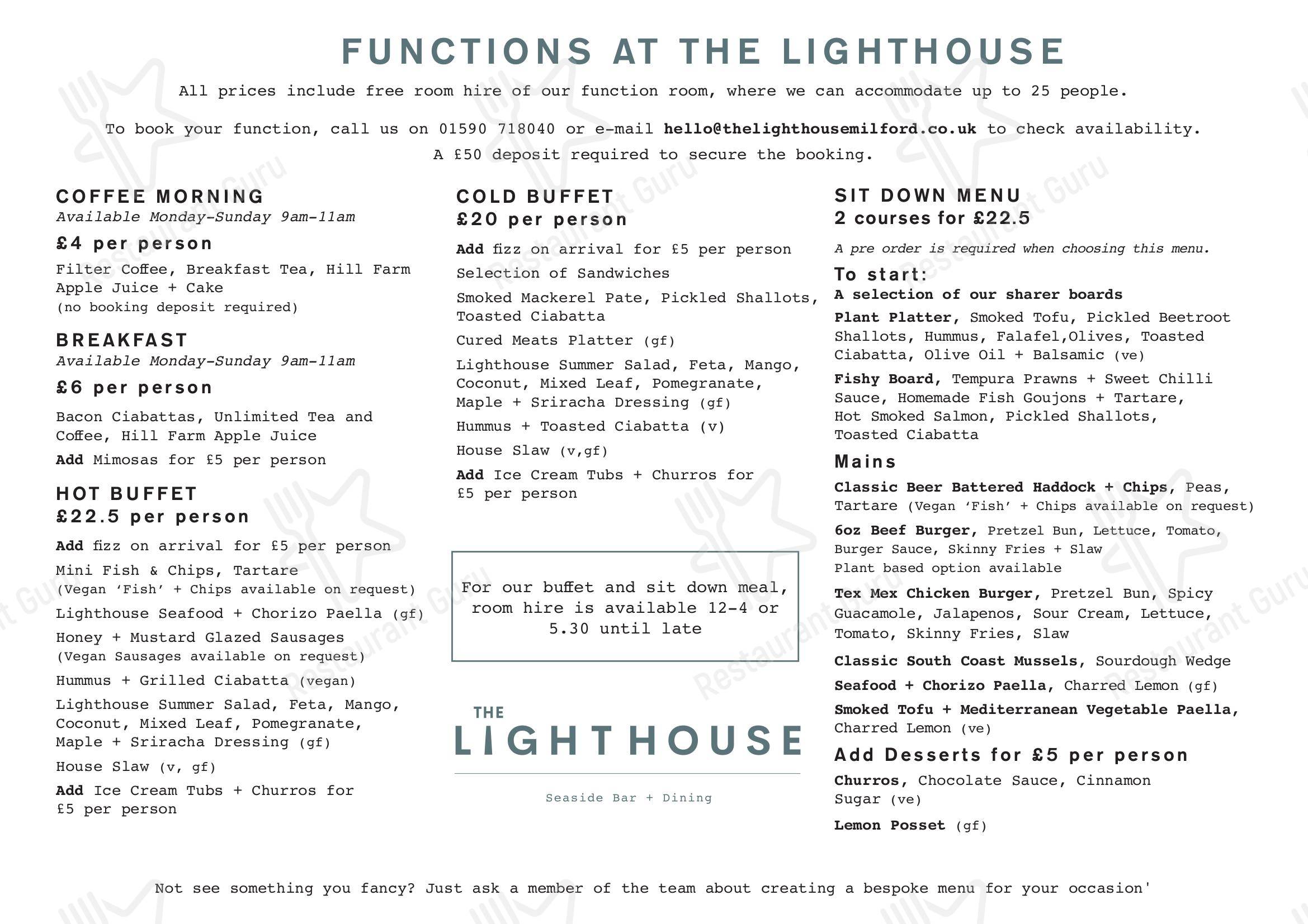 Carta del restaurante The Lighthouse, Lymington