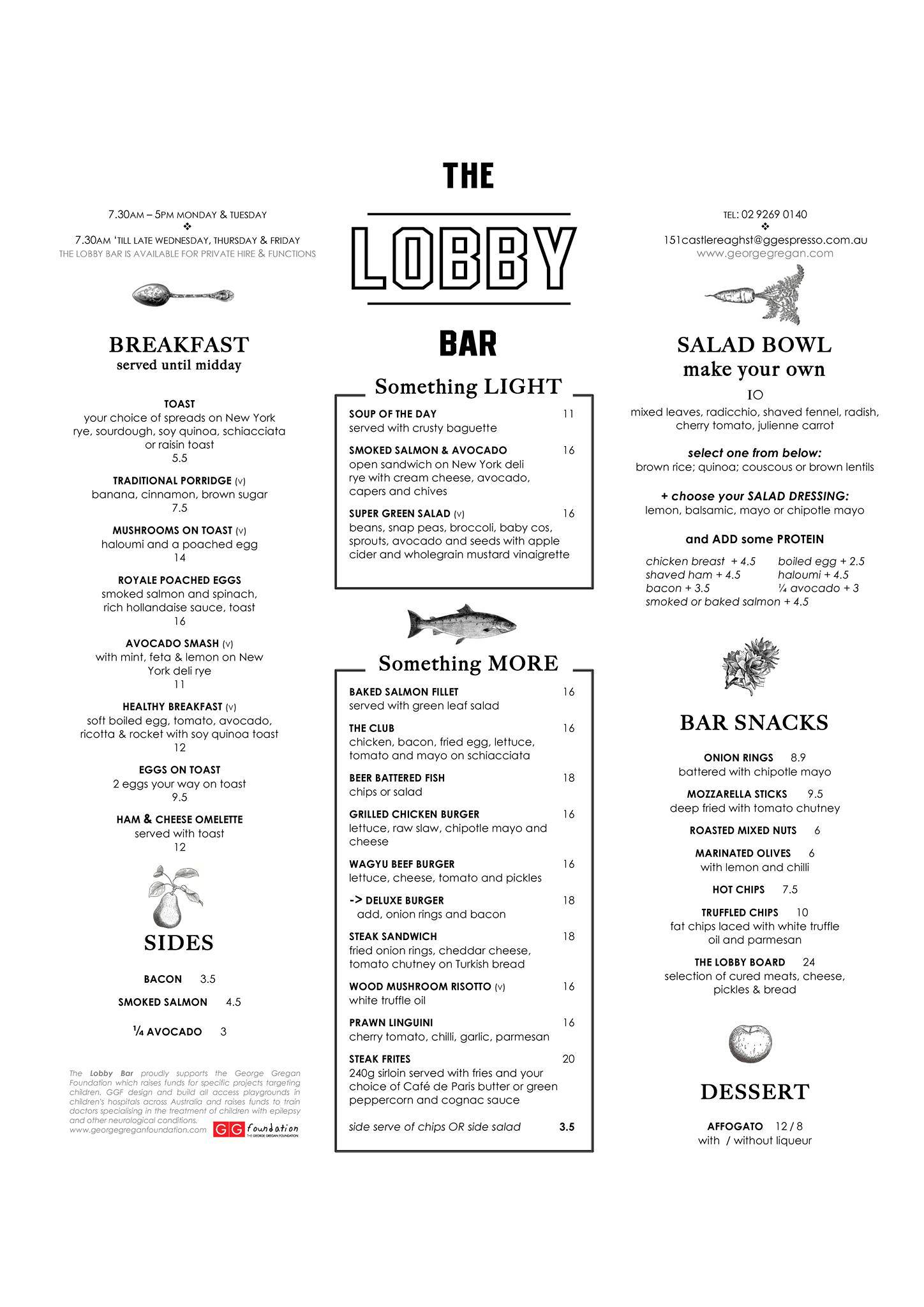 Menu at The Lobby Bar, Sydney, 151 Castlereagh St