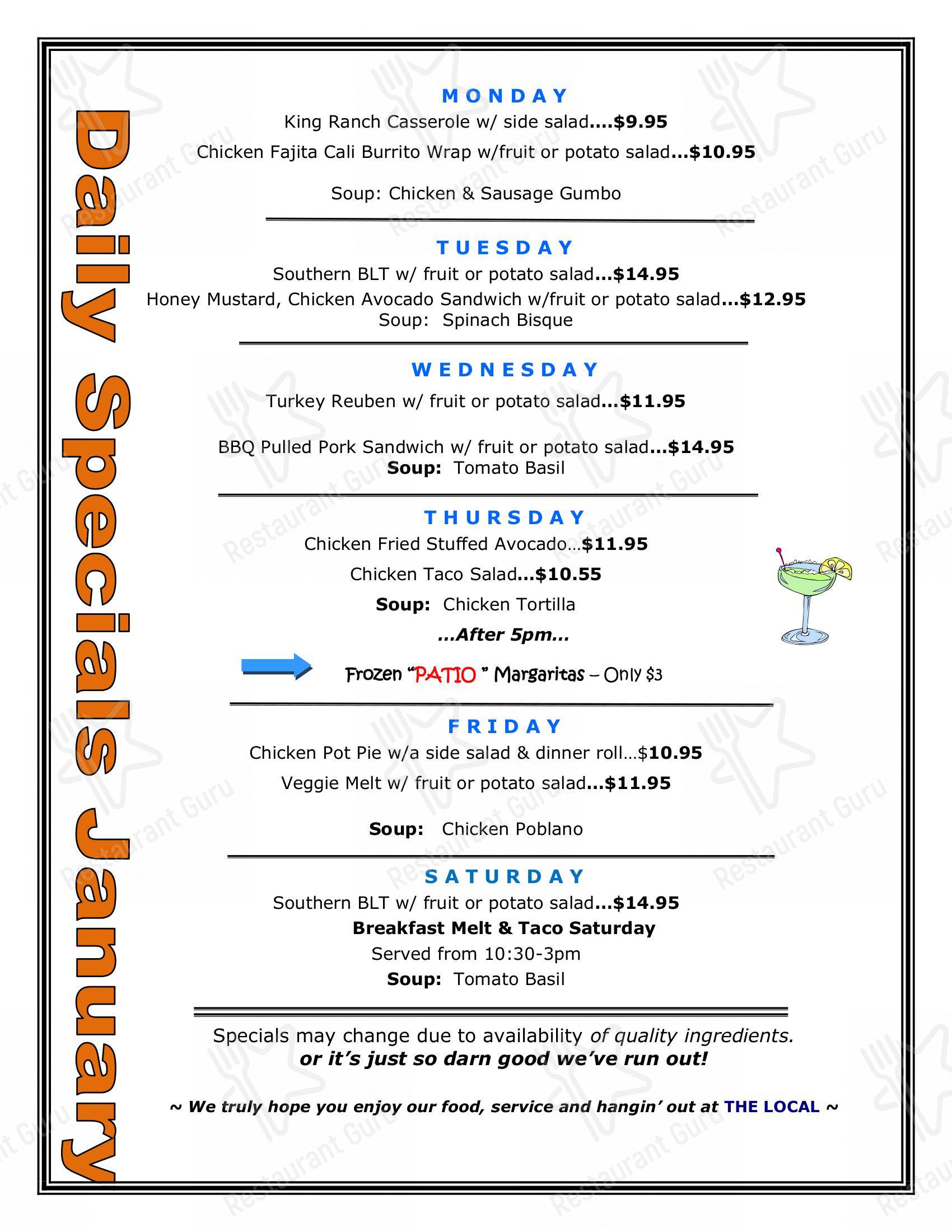 Menu at The Local-Kitchen.Bar.Bakery, Lake Jackson