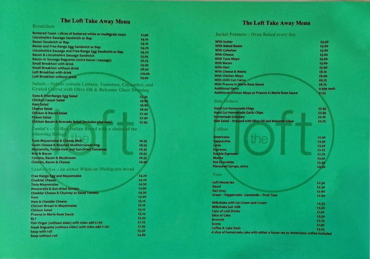 Menu at The Loft cafe, Spalding