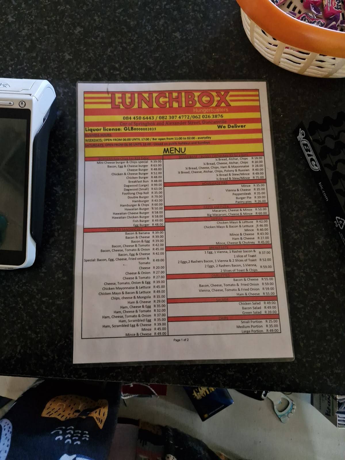 Menu at The Lunch Box restaurant, Vereeniging