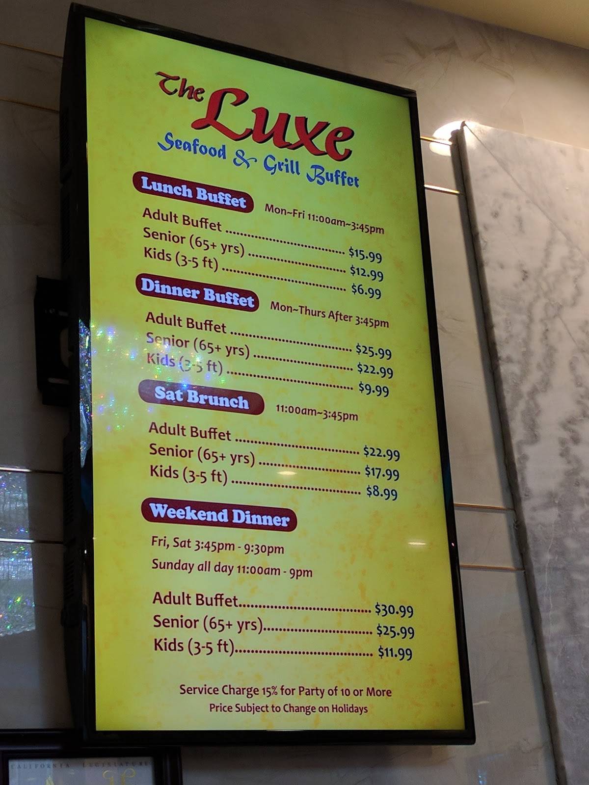 Menu at The Luxe Buffet restaurant, Westminster, Westminster Mall