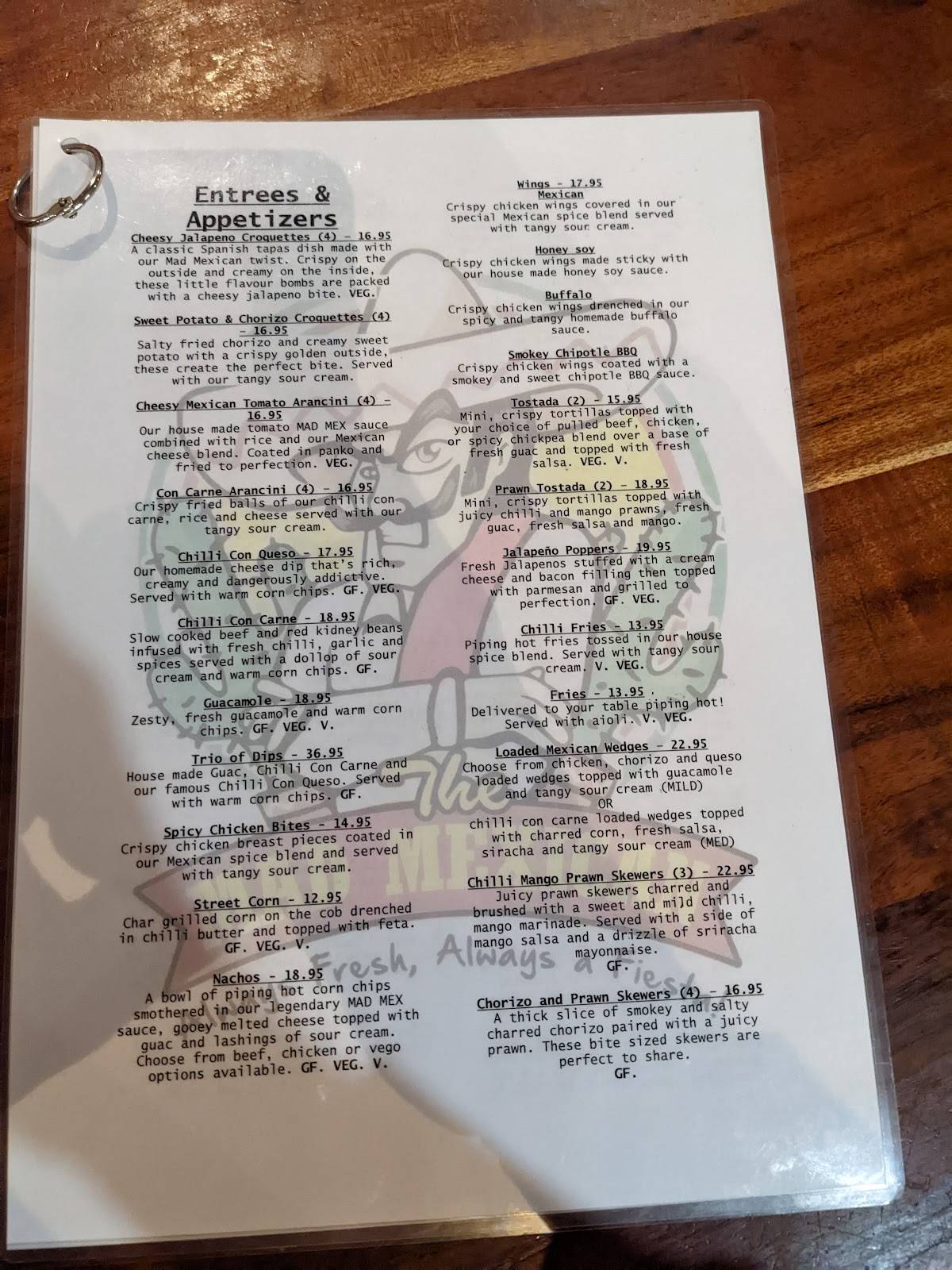 Menu at The Mad Mexican restaurant, Geraldton