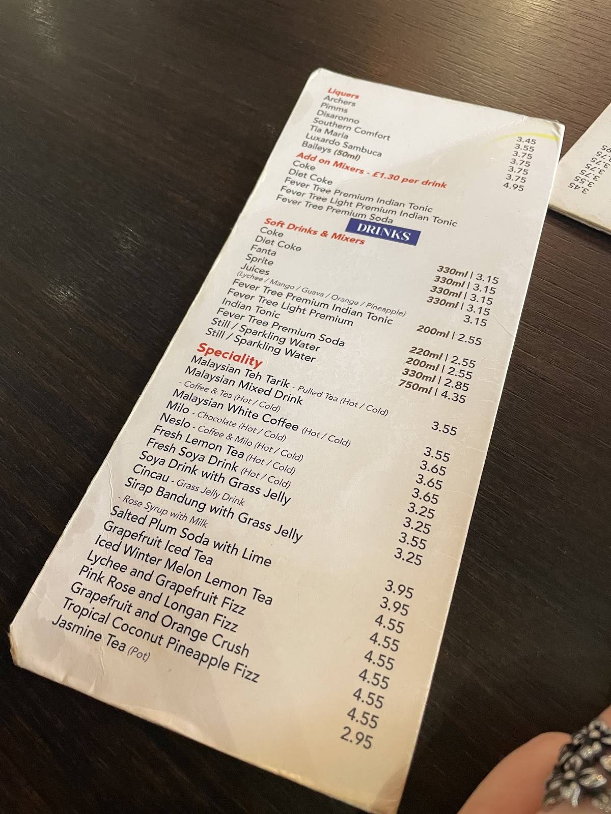 Menu at The Malaya Classic restaurant, Birmingham