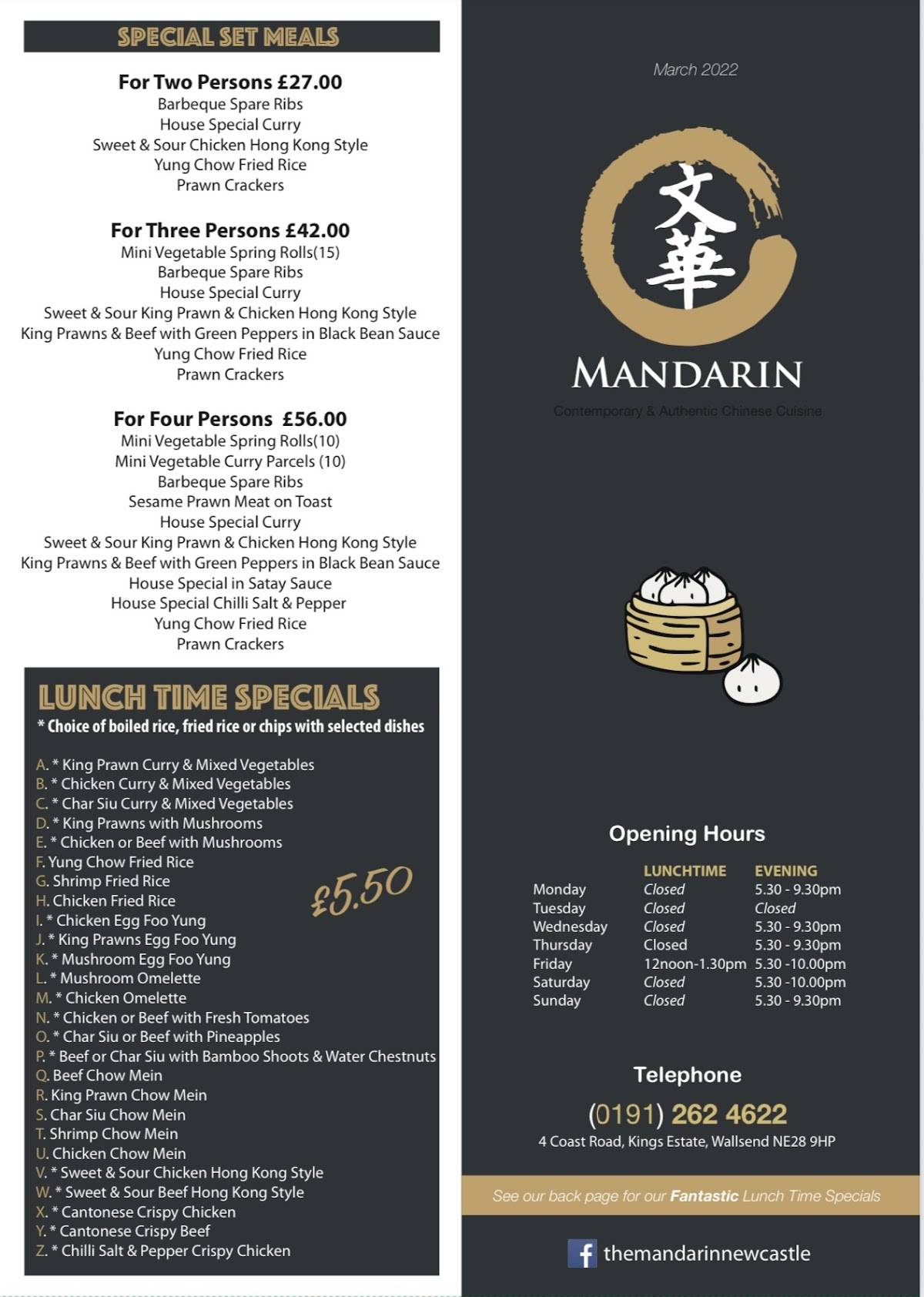 Menu at The Mandarin fast food, Wallsend, 4 Coast Rd