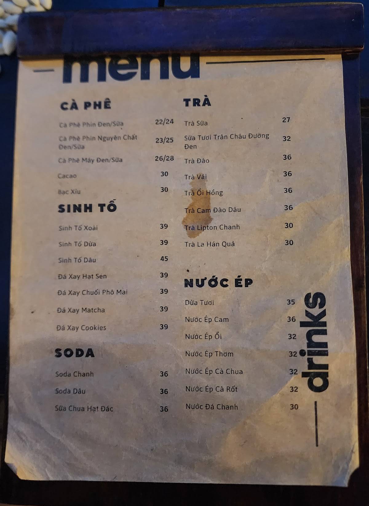 Menu at The May cafe, Ninh Hòa
