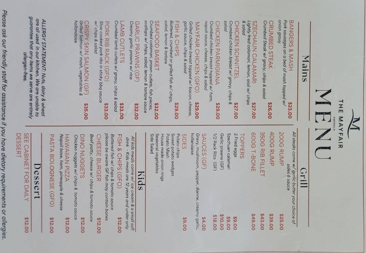 Menu at The Mayfair Emerald pub & bar, Emerald