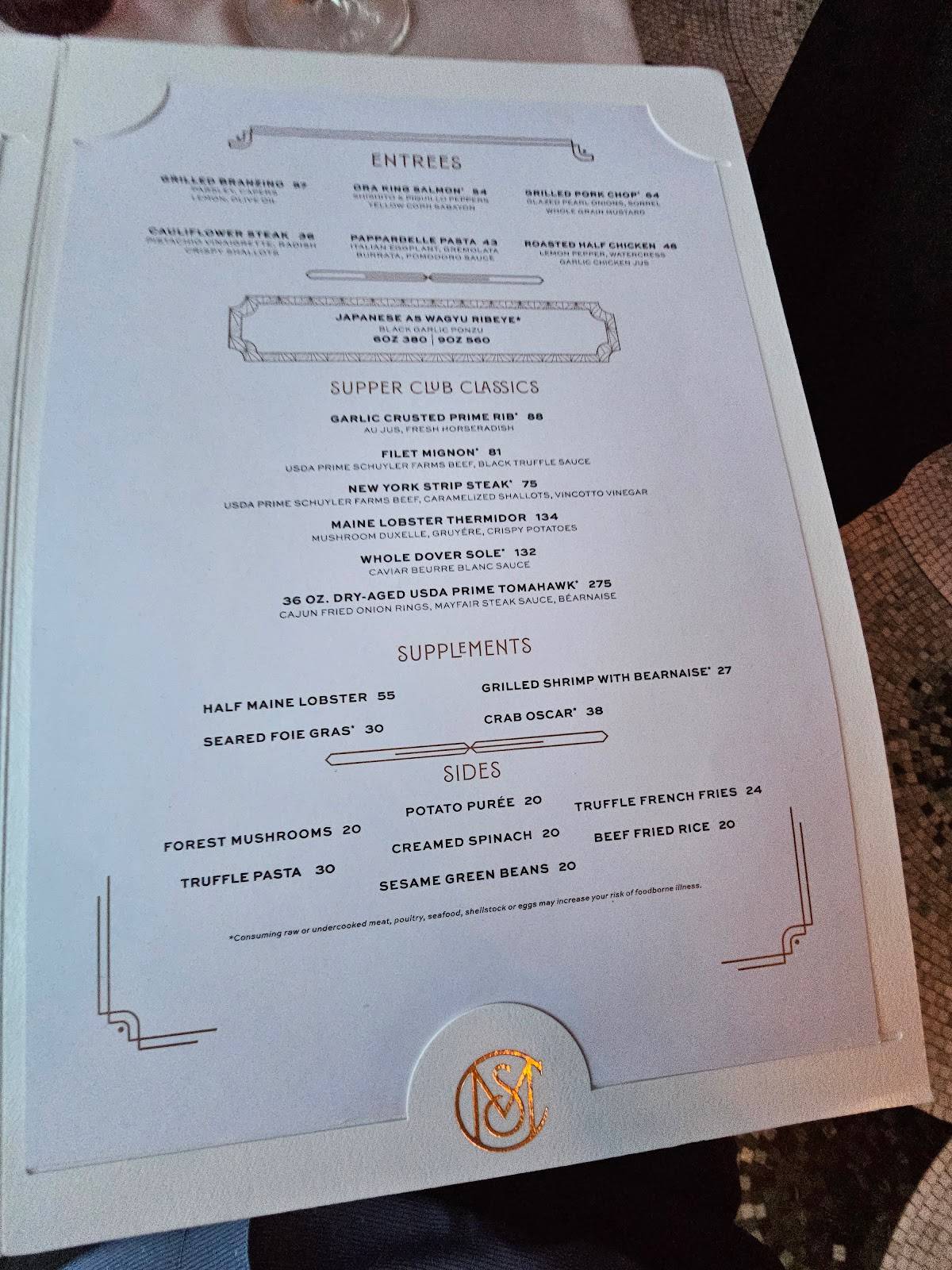 Menu at The Mayfair Supper Club, Las Vegas