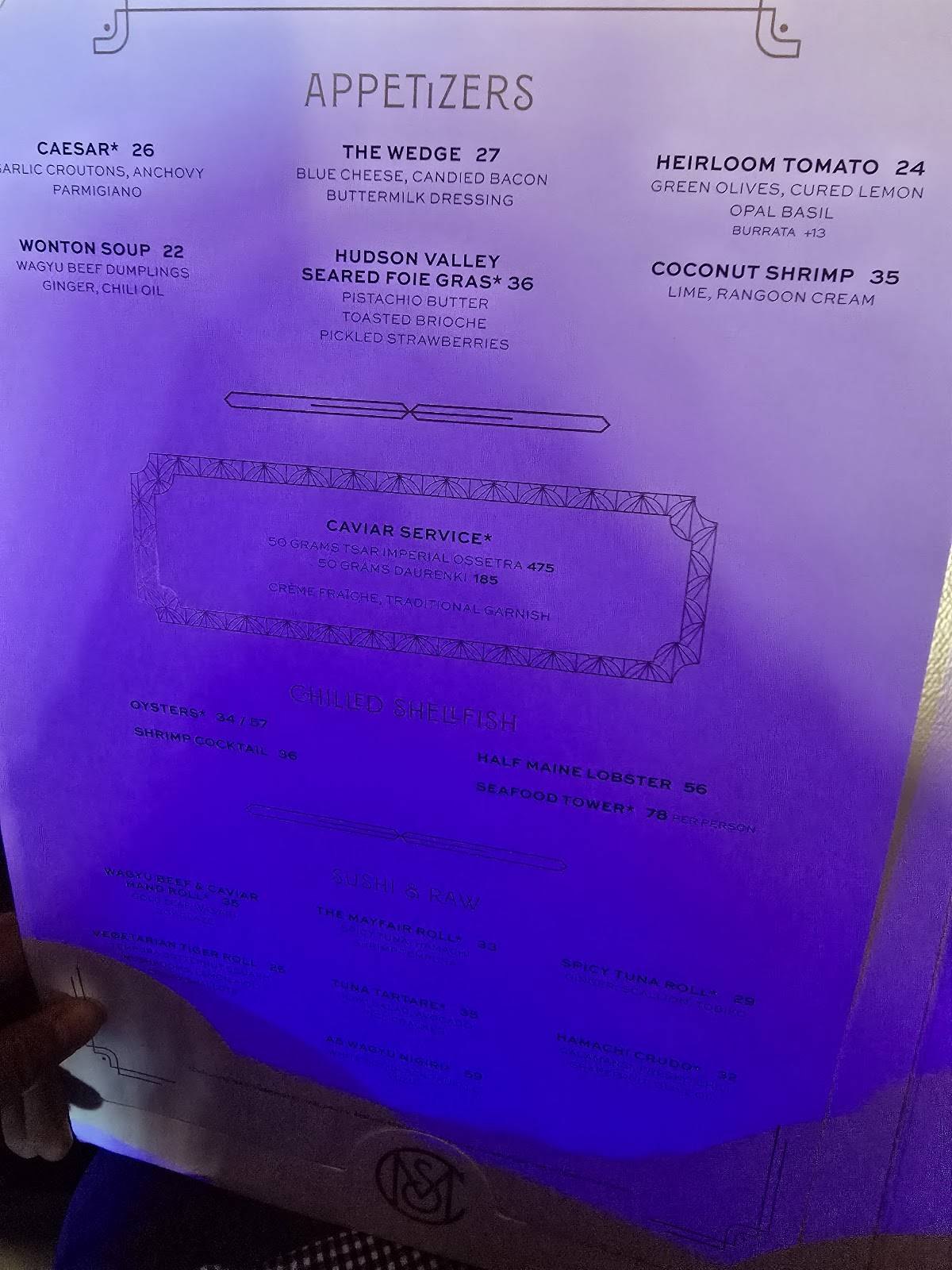 Menu at The Mayfair Supper Club, Las Vegas