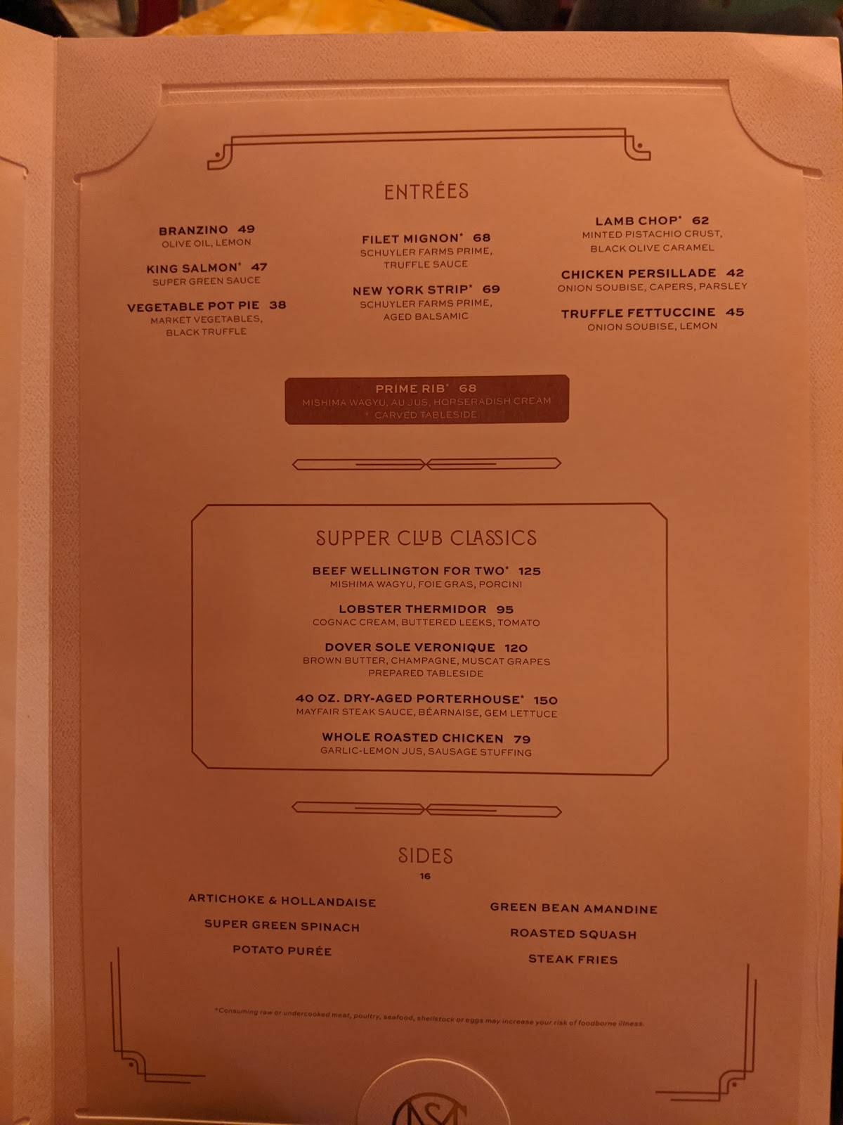 Menu at The Mayfair Supper Club, Las Vegas