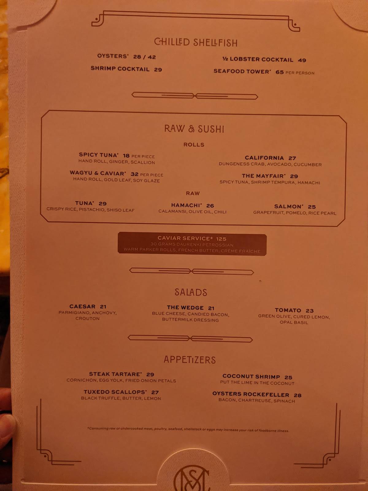 Menu at The Mayfair Supper Club, Las Vegas