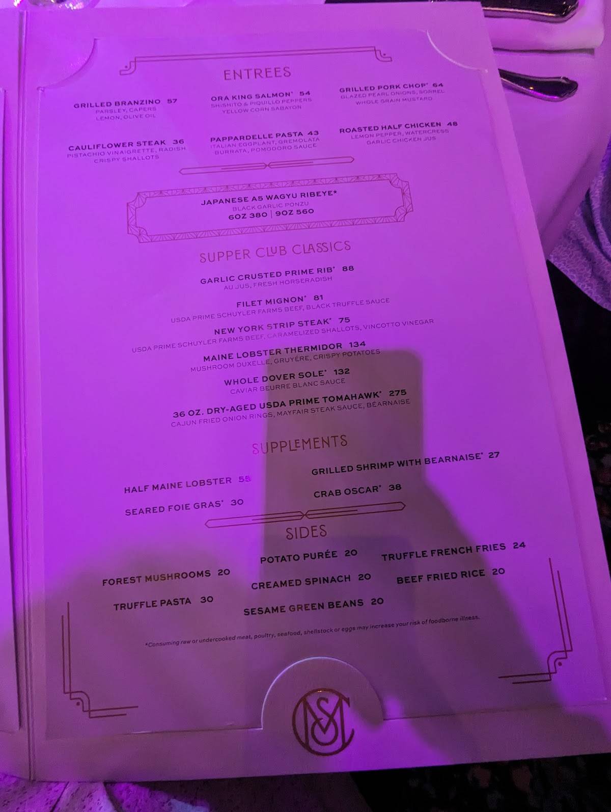 Menu at The Mayfair Supper Club, Las Vegas