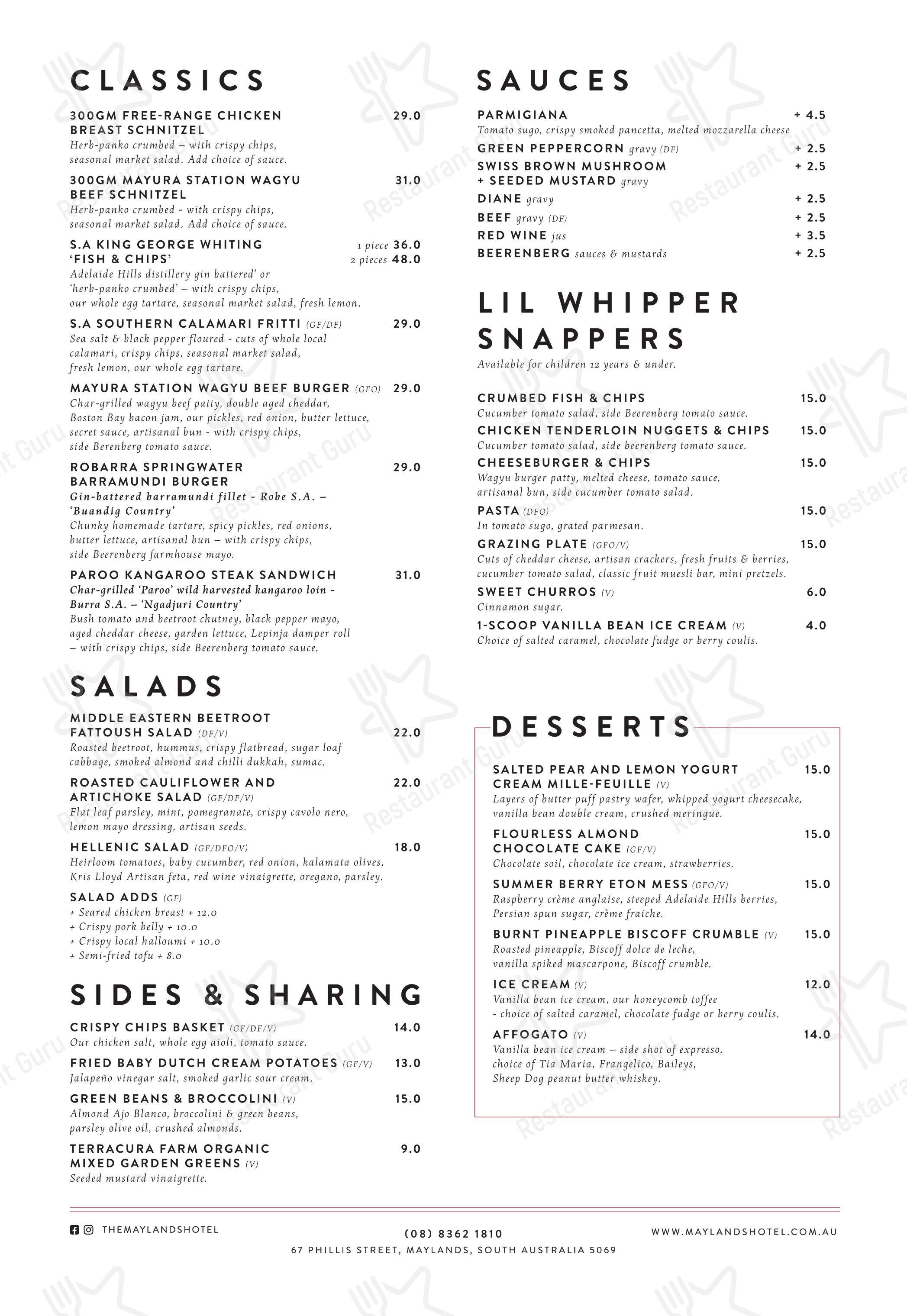 Menu at The Maylands Hotel pub & bar, Maylands, 67 Phillis St