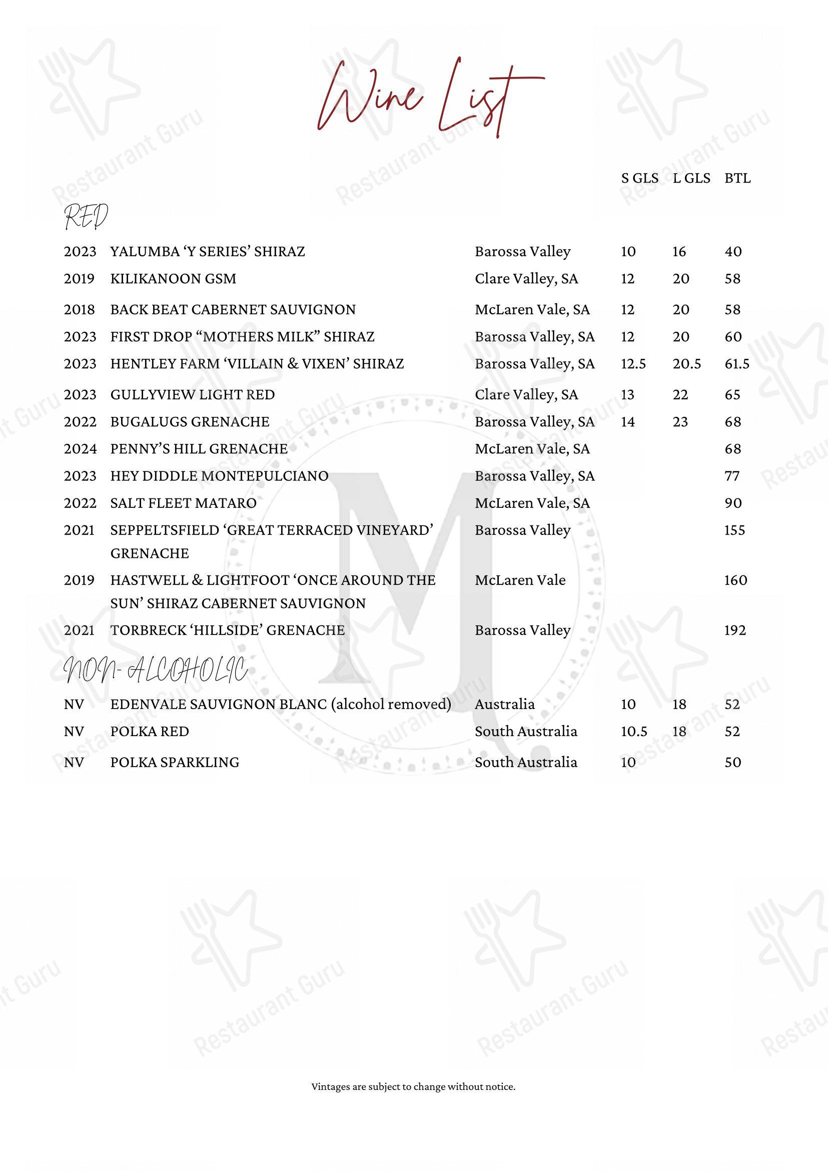 Menu at The Maylands Hotel pub & bar, Maylands, 67 Phillis St