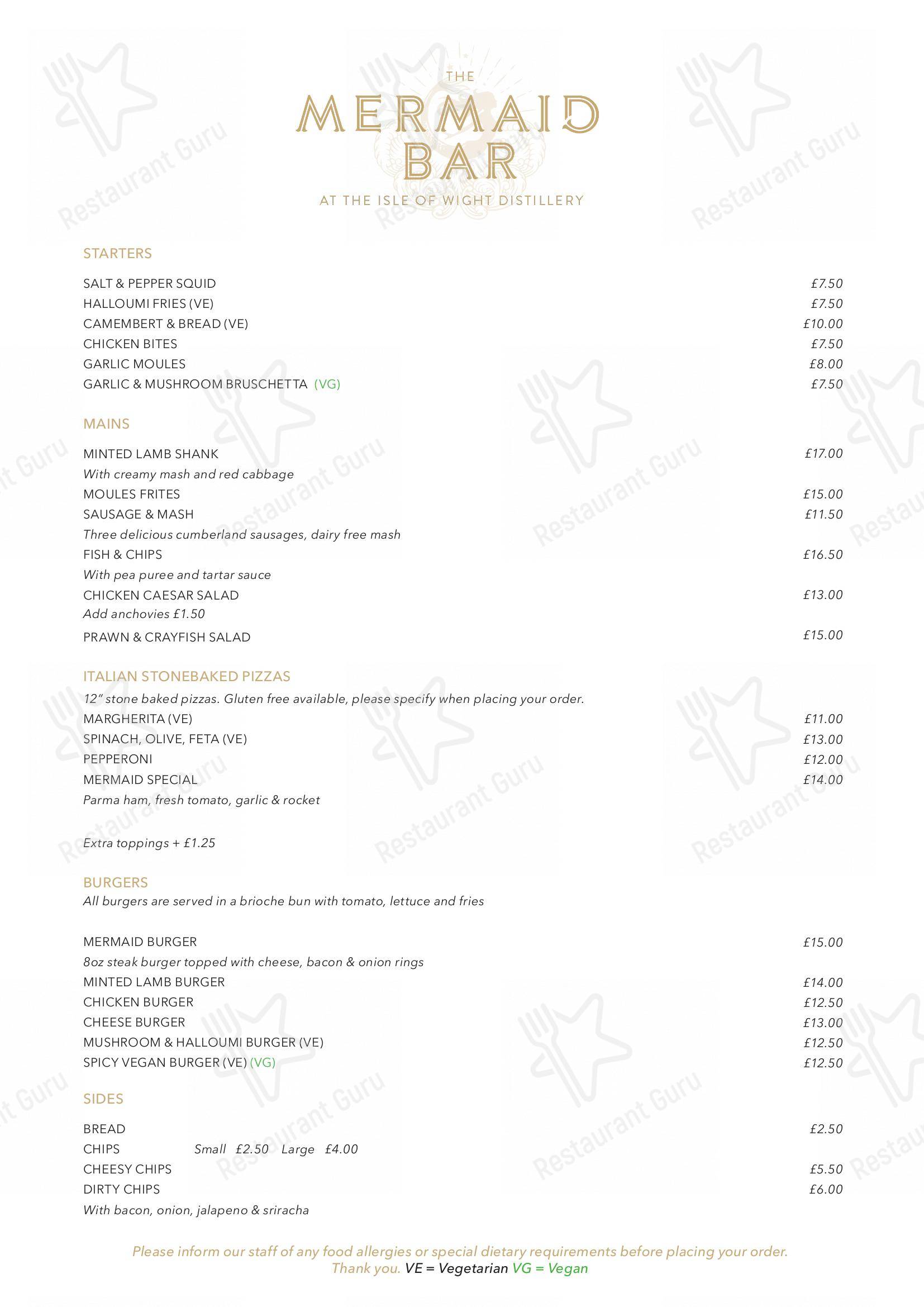 Menu at The Mermaid Bar at the Isle of Wight Distillery, Ryde