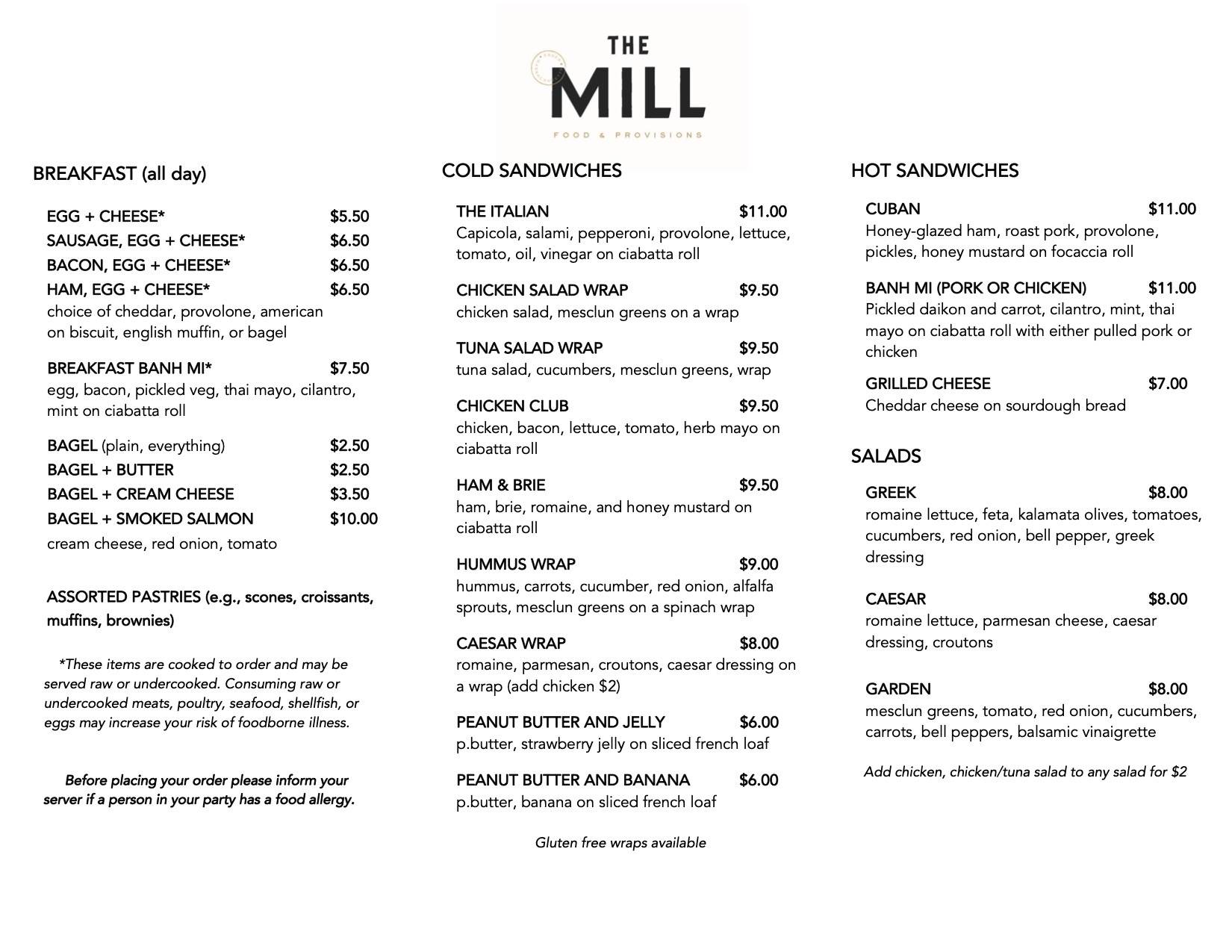 Menu at The Mill restaurant, Essex