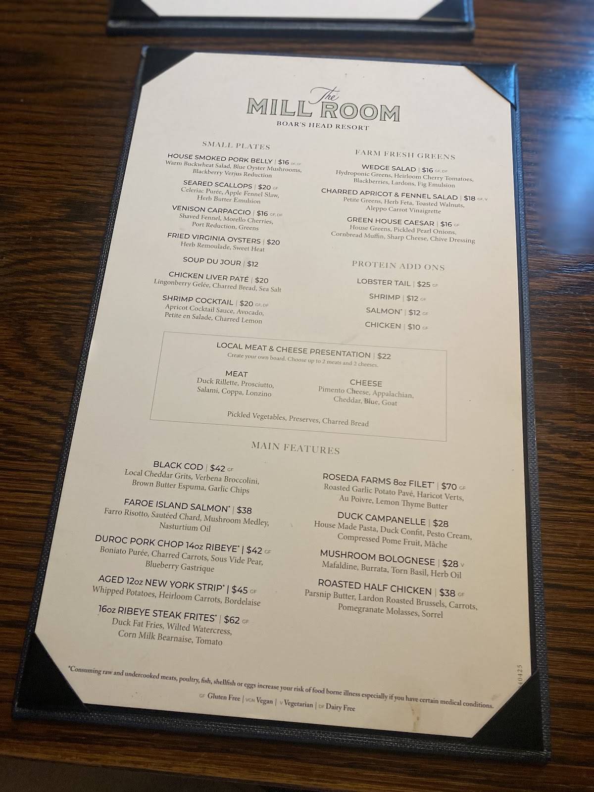 Menu at The Mill Room restaurant, Charlottesville
