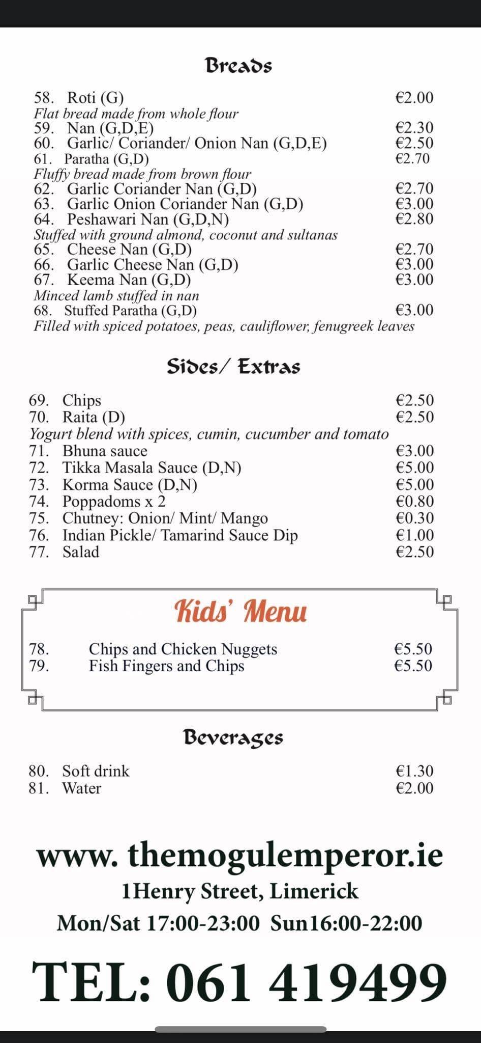 Menu at The Mogul Emperor restaurant, Limerick