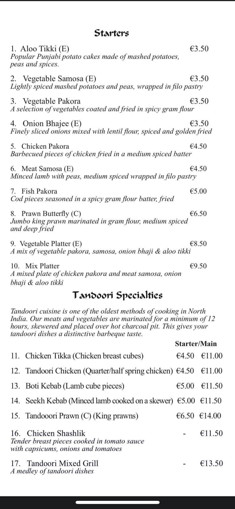 Menu at The Mogul Emperor restaurant, Limerick