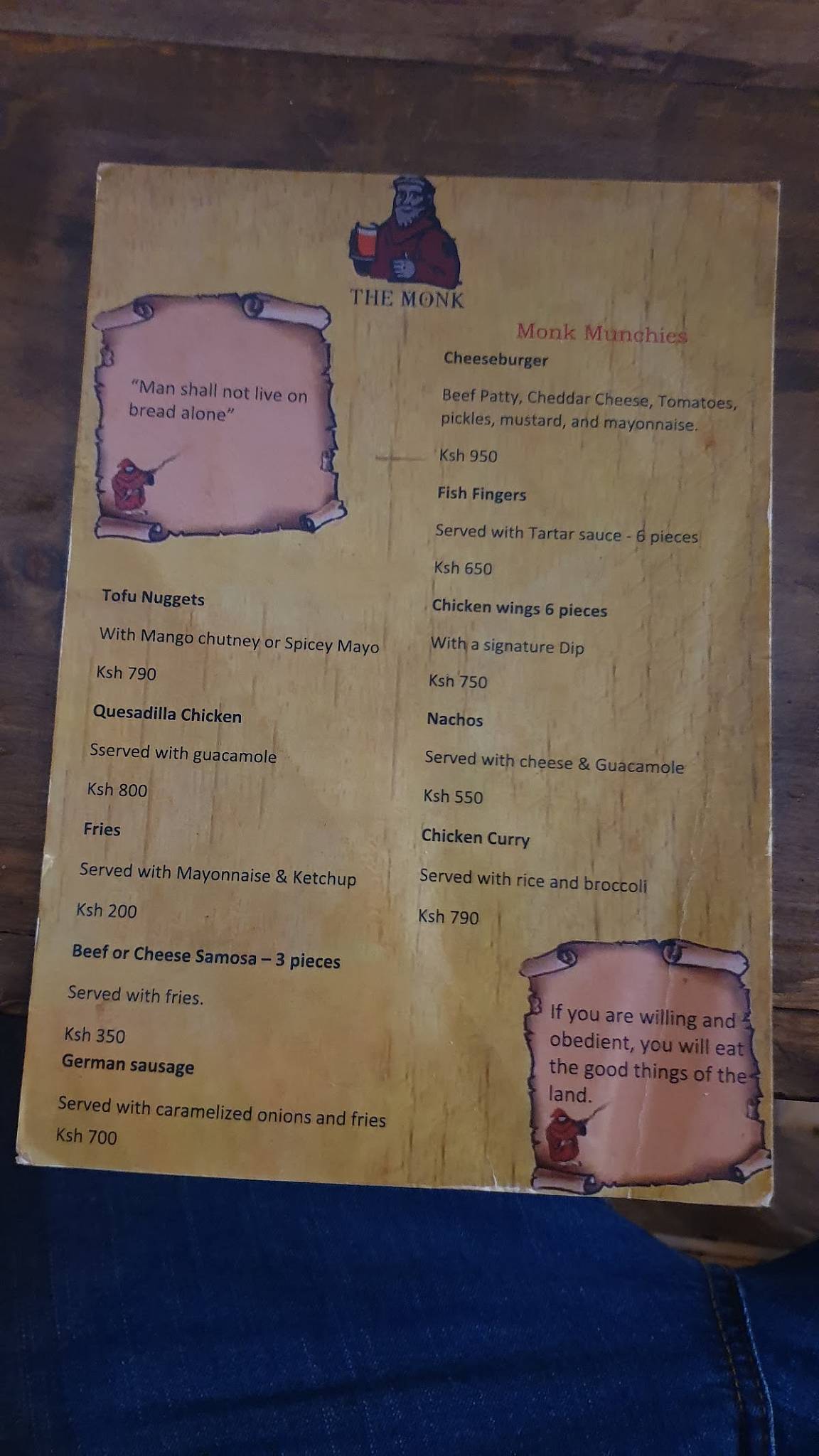 Menu at The Monk pub & bar, Nairobi