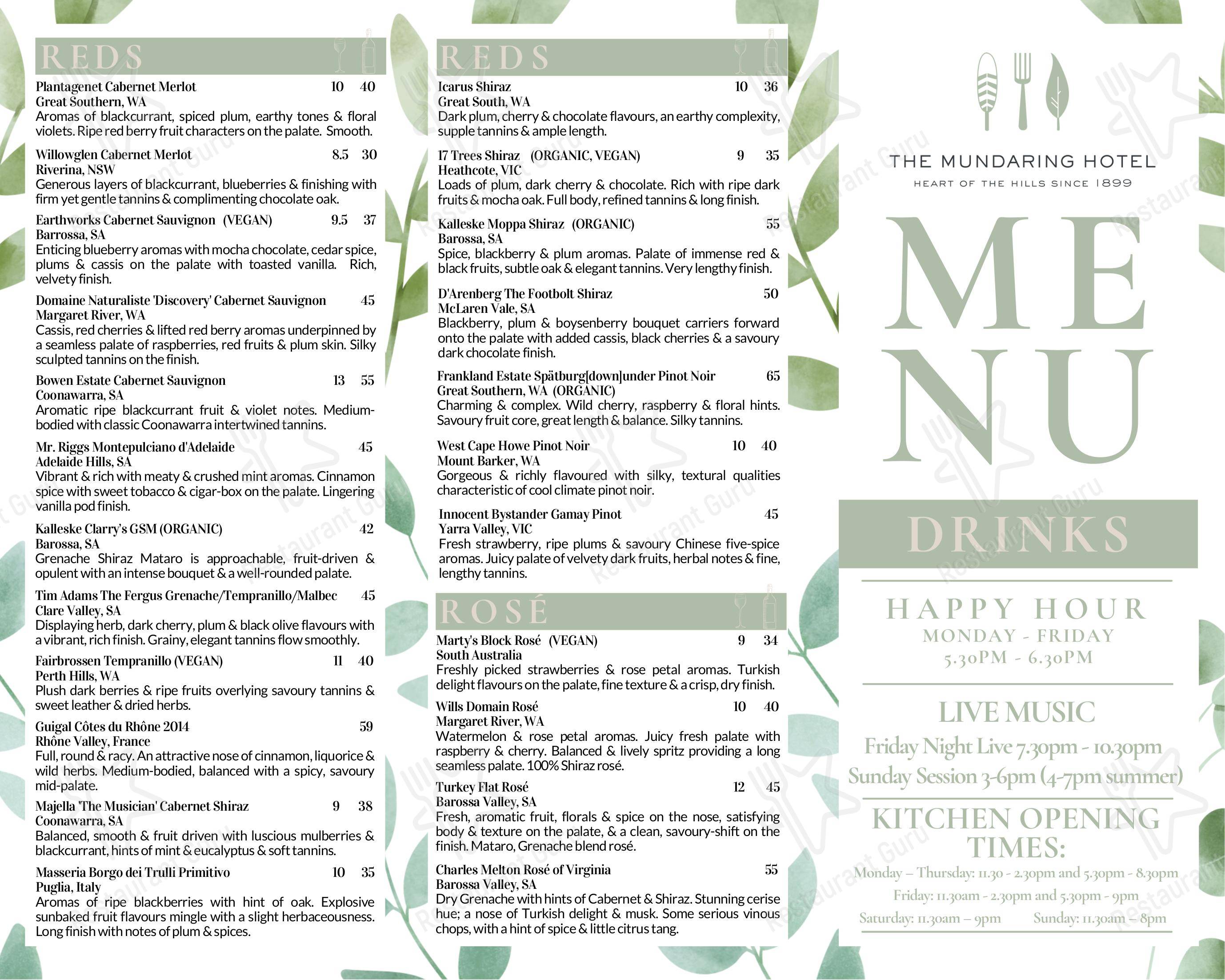 Menu at The Mundaring Hotel pub & bar, Mundaring, Jacoby St