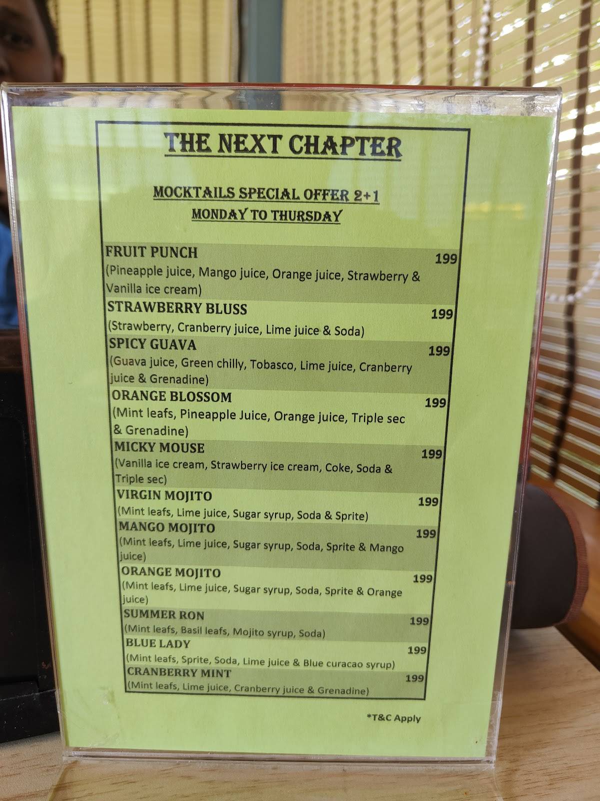 Menu at The Next Chapter, Bengaluru, 5H7R+4C2
