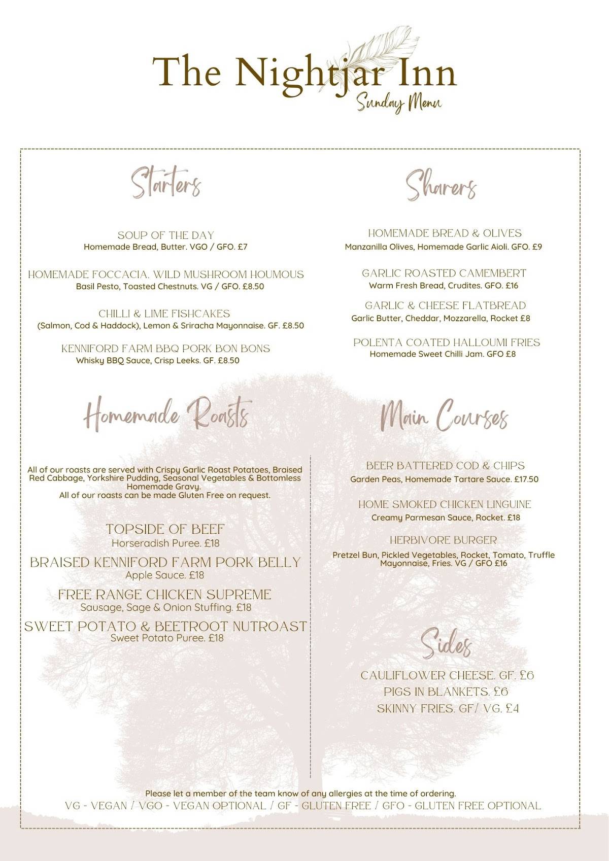 Menu at Villa Verde The Nightjar Inn pub & bar, Aylesbeare