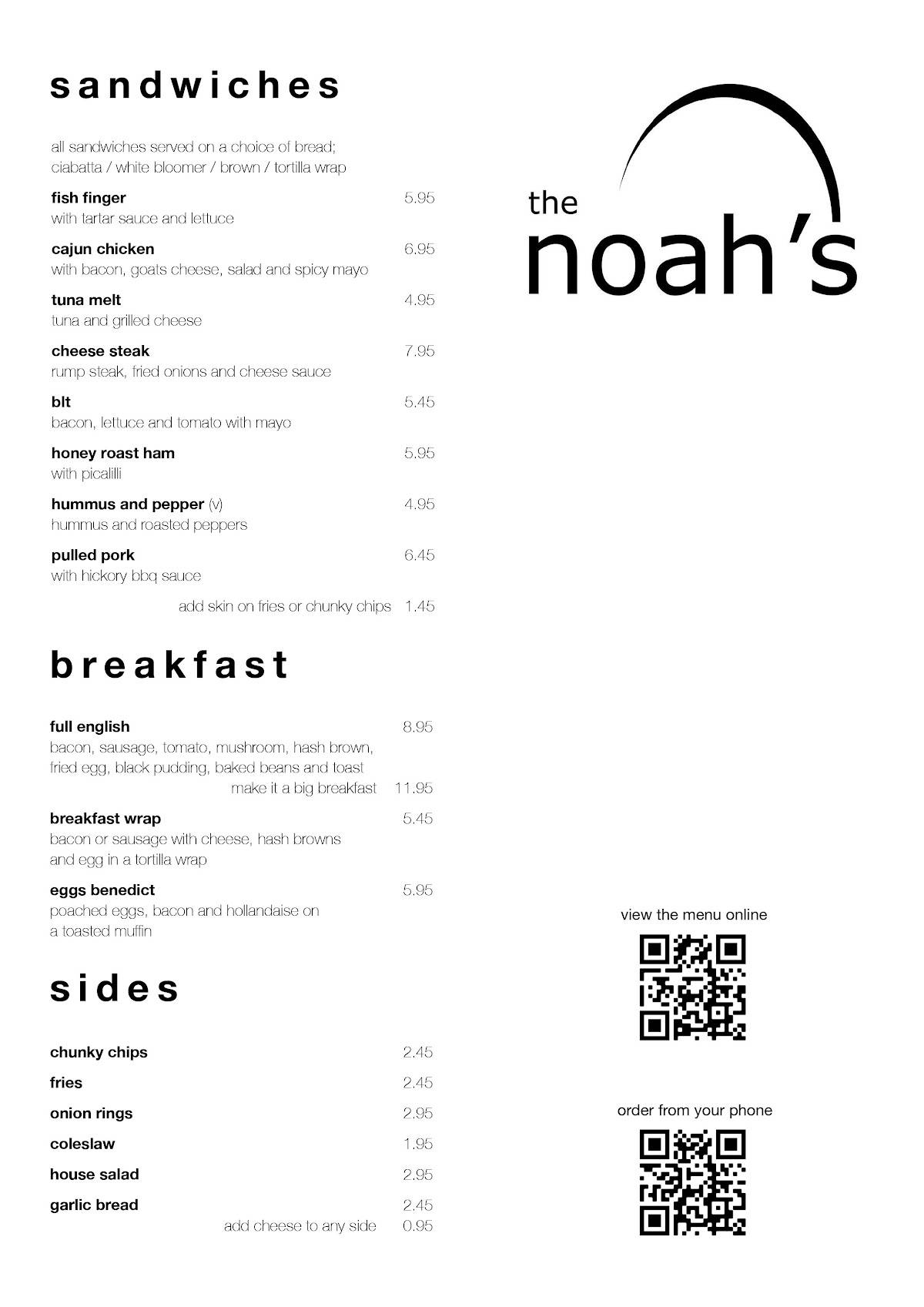 Menu at Noah's Bar and Restaurant, Stoke-on-Trent