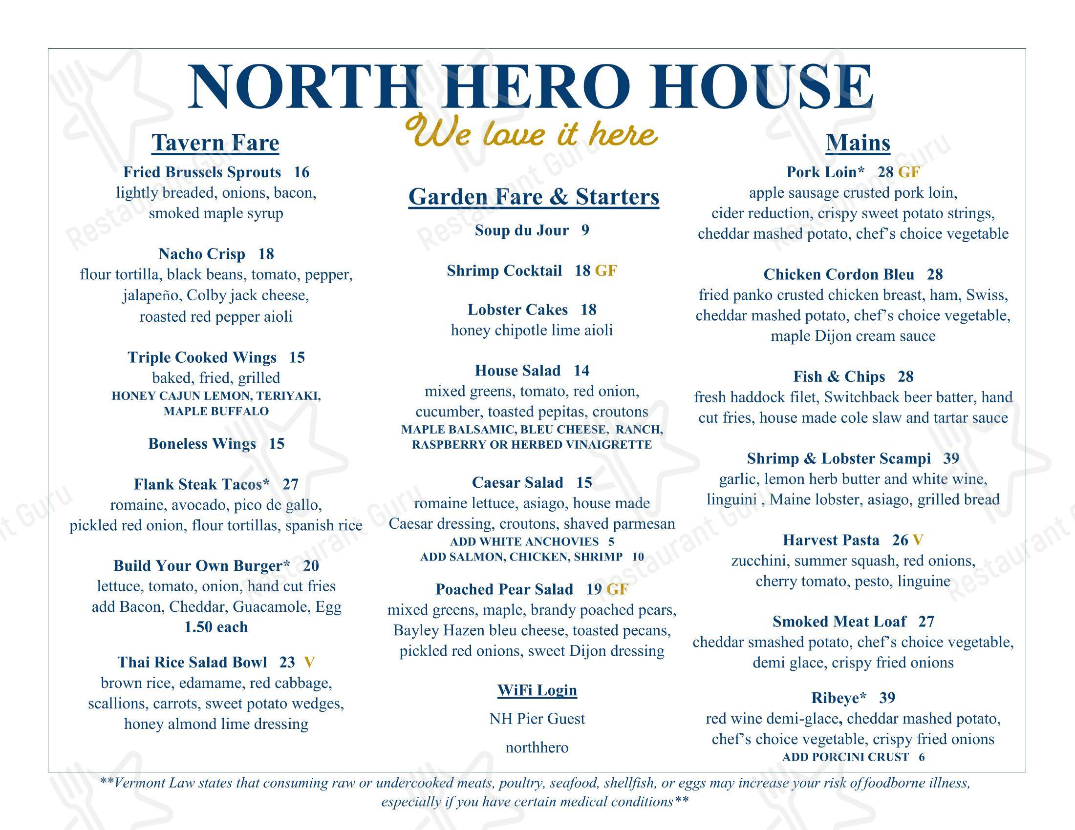 Menu at The North Hero House Inn & Restaurant, North Hero, US-2